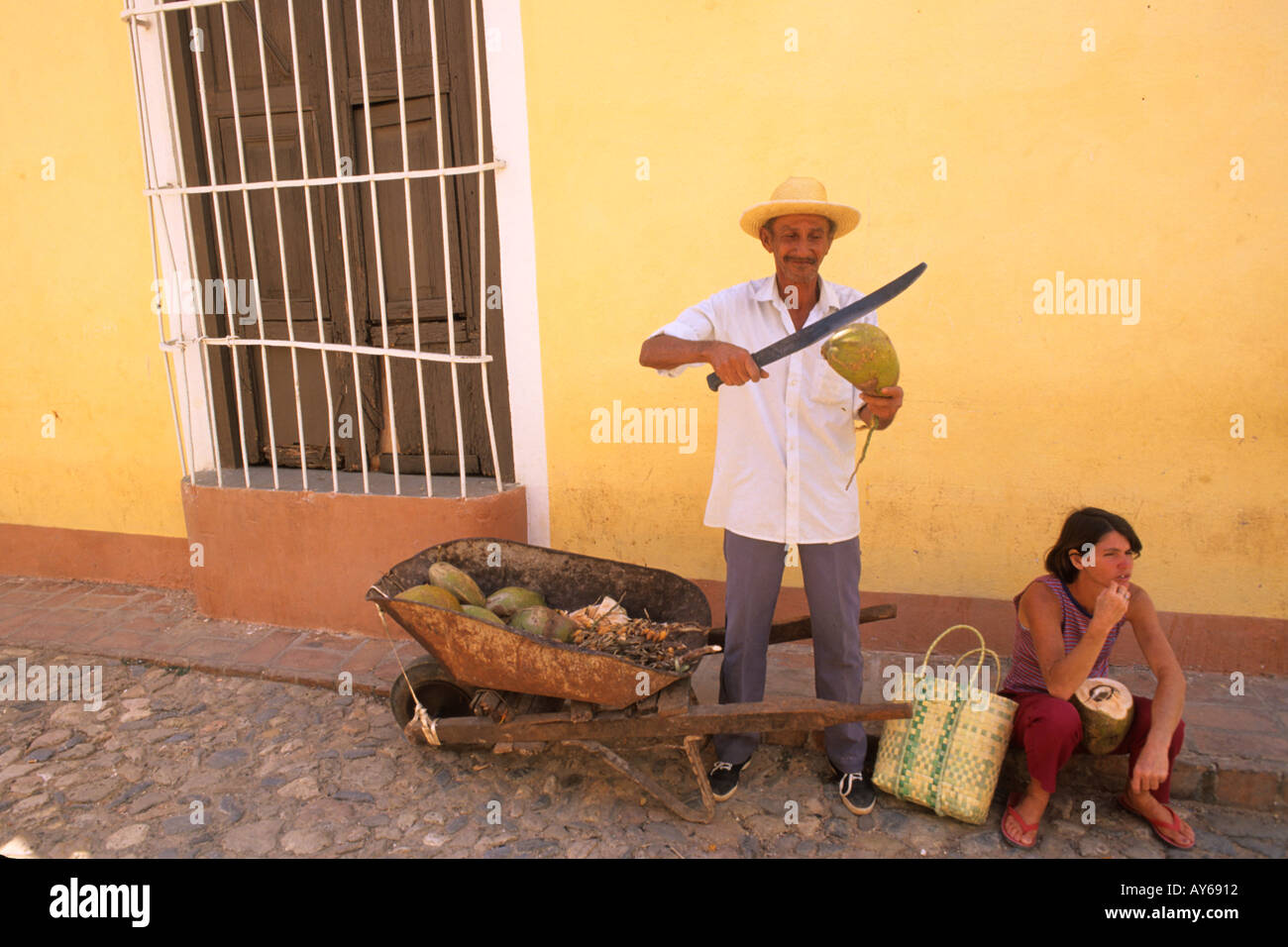 Street Vendor with Coconuts in Old Colonial Village Trinidad Cuba Stock ...