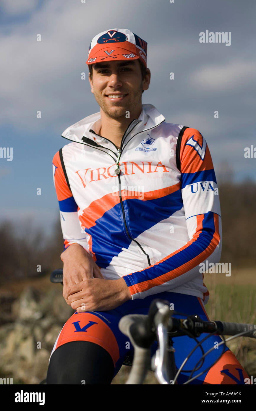 Portrait of a young male college age cyclist wearing his team's kit ...