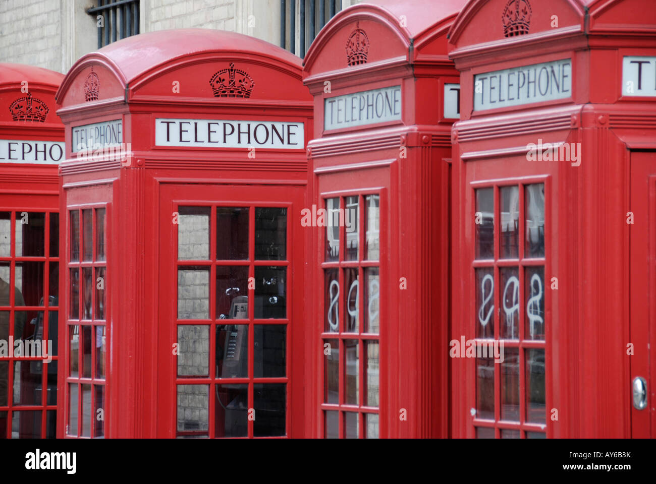 Close up of numerous red telephone boxes London England Stock Photo - Alamy