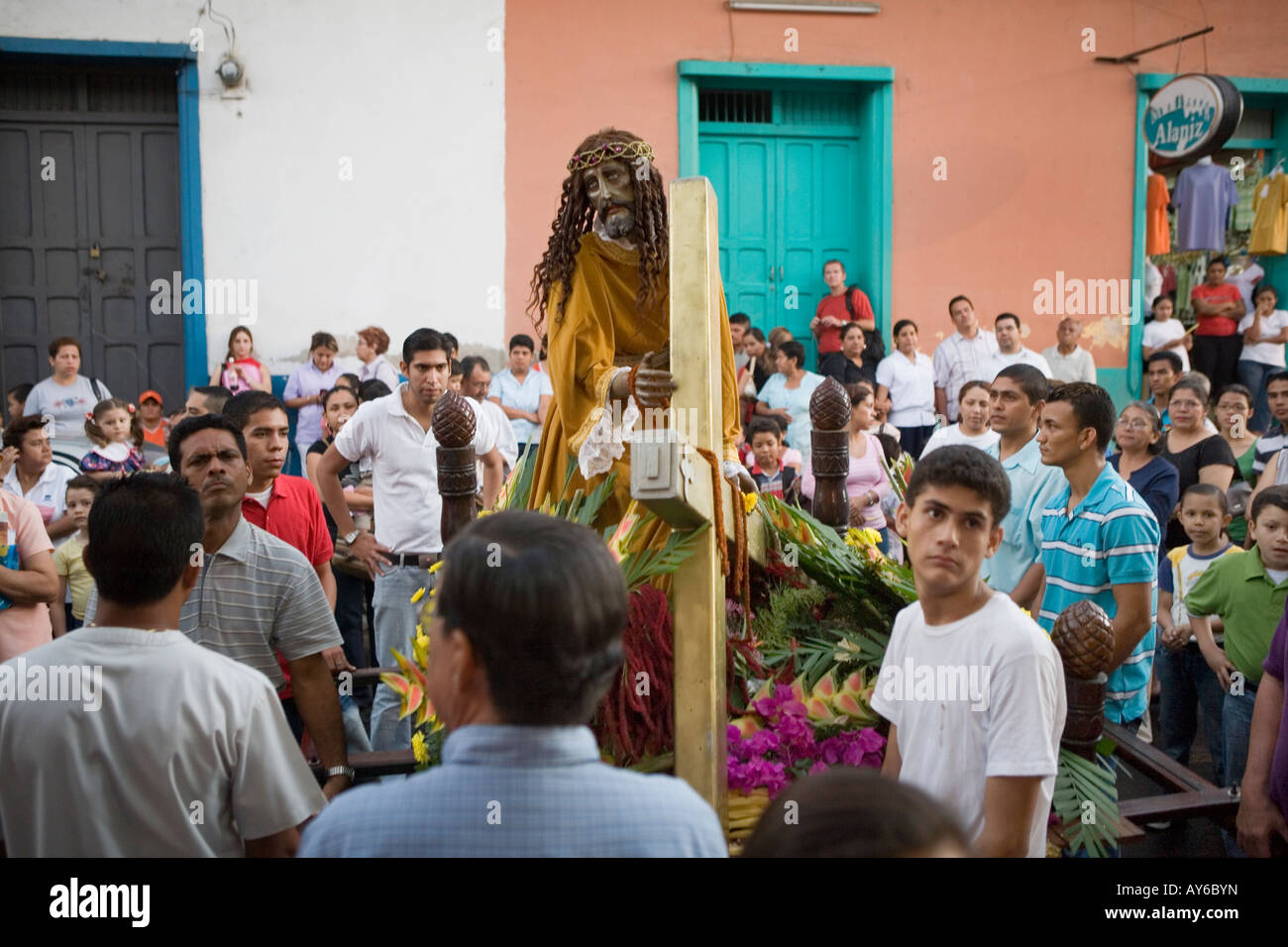 Young men carry statue of Jesus Christ Lenten procession Leon Nicaragua ...