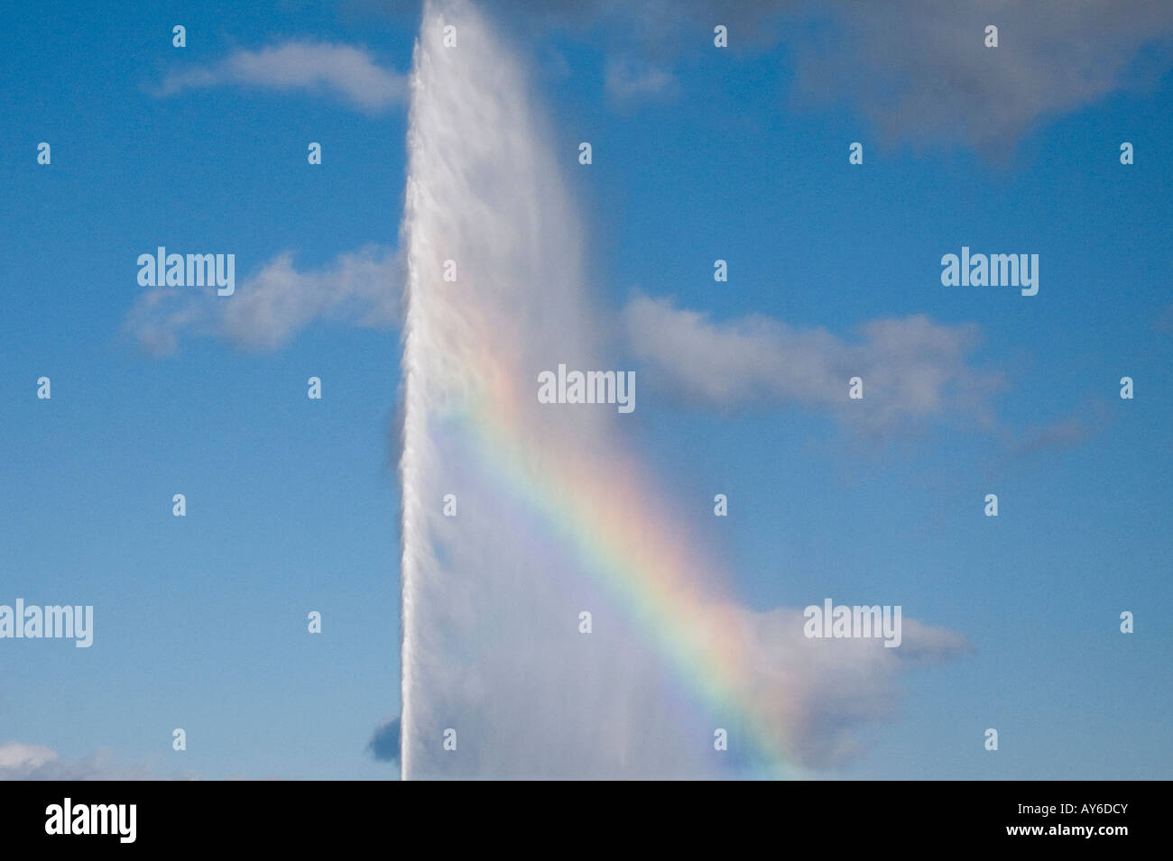High fountain creates rainbow in falling spray, Lake Geneva ...