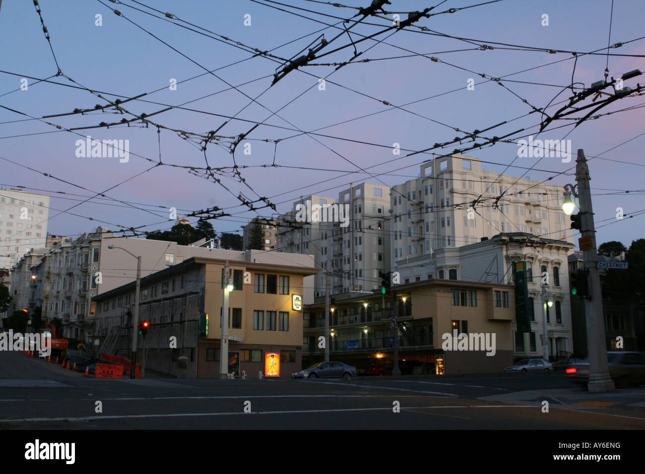 Street car wires at an intersection in downtown San Francisco, CA Stock ...