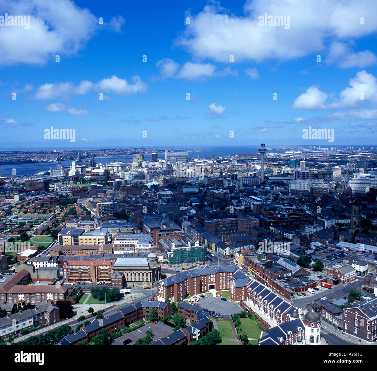 Aerial view of Liverpool including the Mersey estuary Royal Liver ...