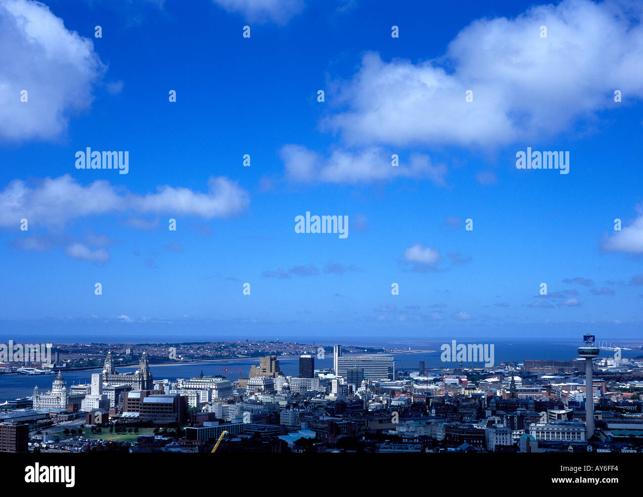 Aerial view of Liverpool including the Mersey estuary Royal Liver ...