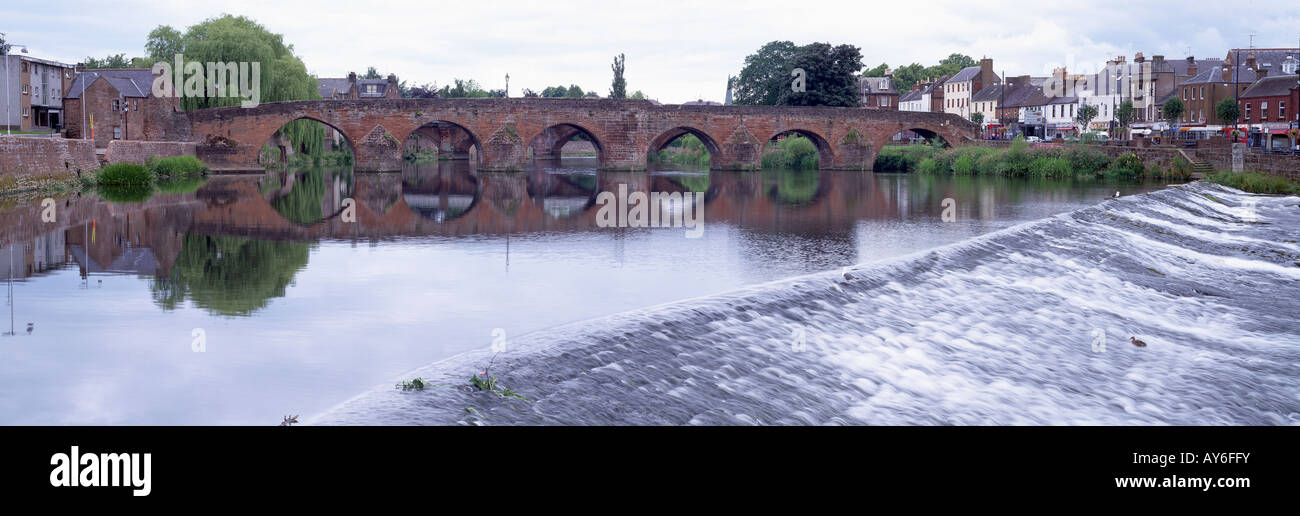 Panoramic Dumfries town and bridge from across the river Nith on a ...