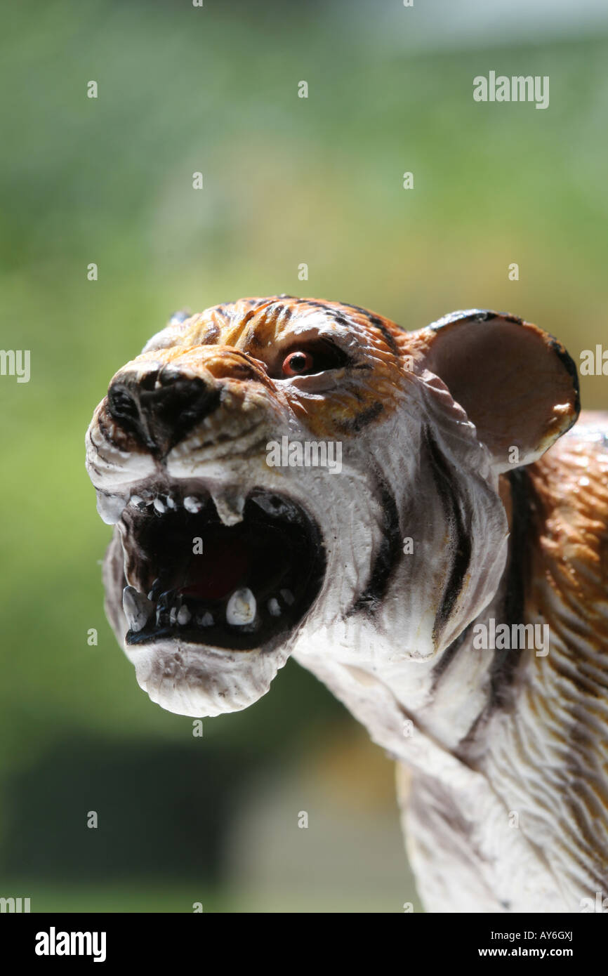 Close up of the head of a plastic roaring tiger toy Stock Photo - Alamy