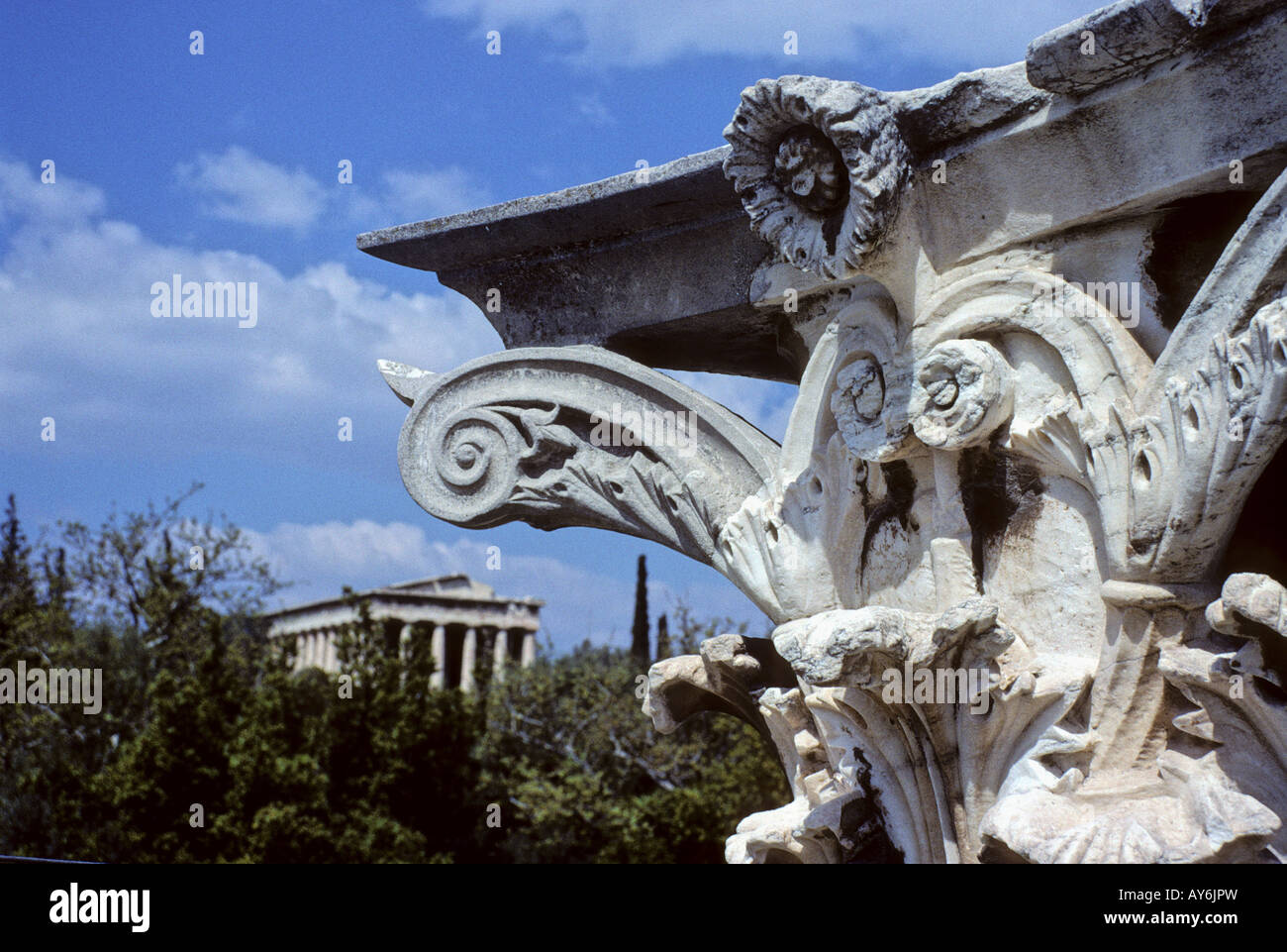 View of an ancient ruin detail within the Ancient Agora complex and the ...