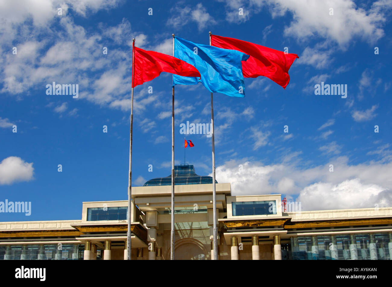 Flags in the Mongolian national colours red and blue in front of the ...