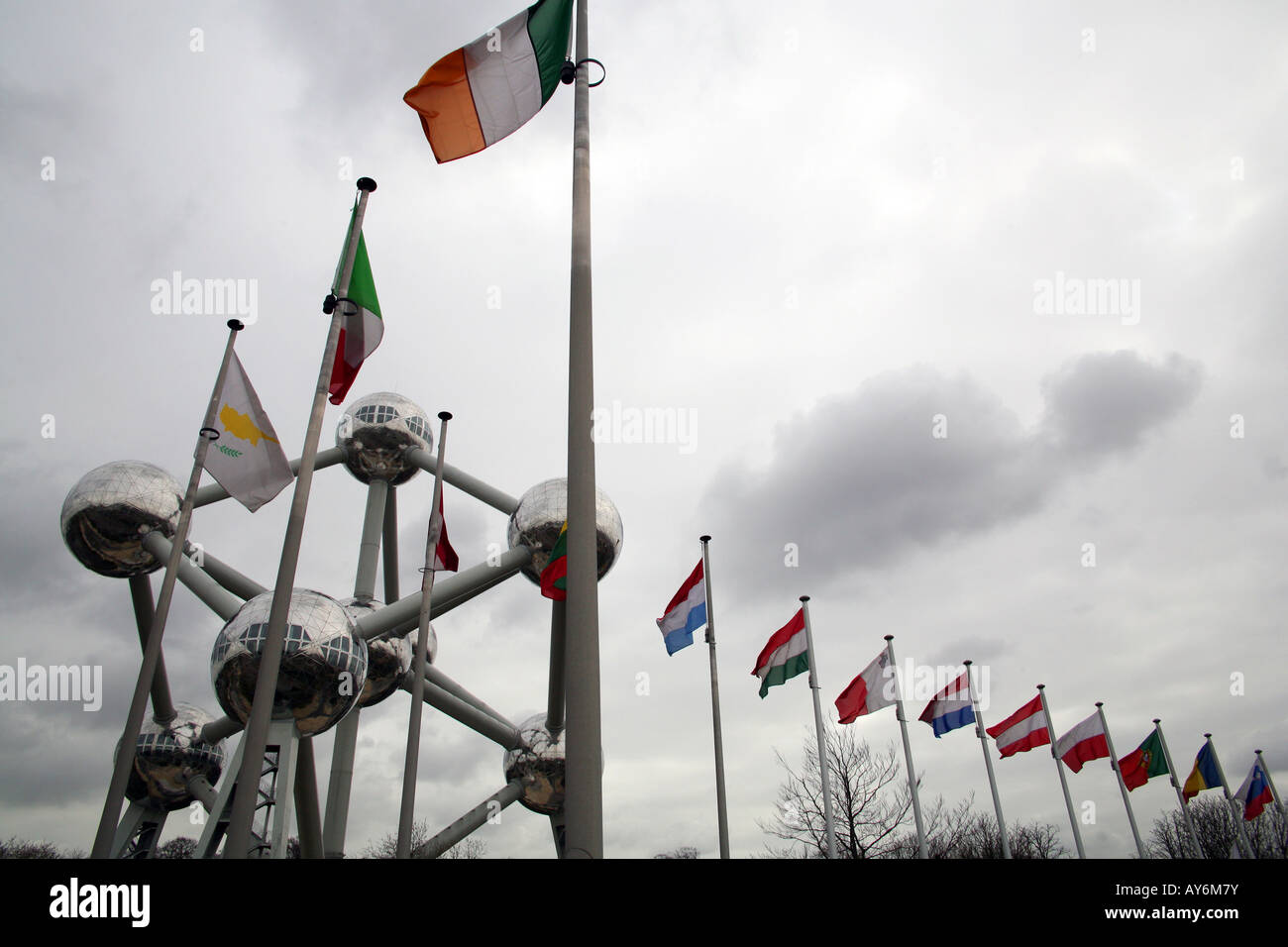 EC flags in front of Atomium in Brussels Stock Photo - Alamy