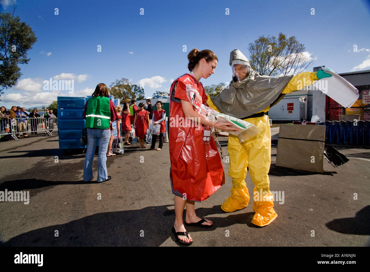 Outfitted in a disposable chemical biological protective suit a member ...