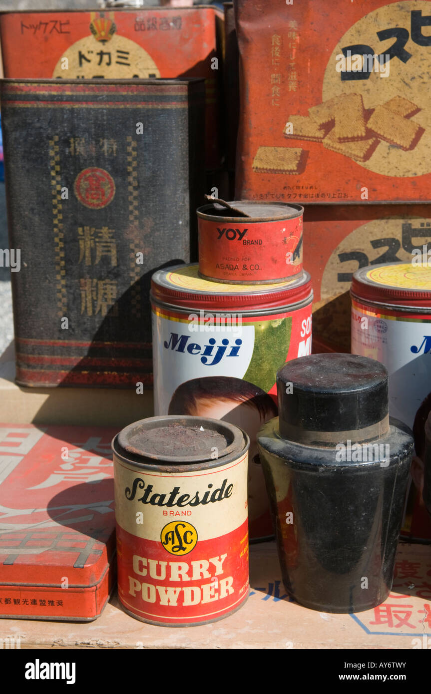 "Antique Japanese cans and tins for sales at the Toji Flea Market Kyoto ...