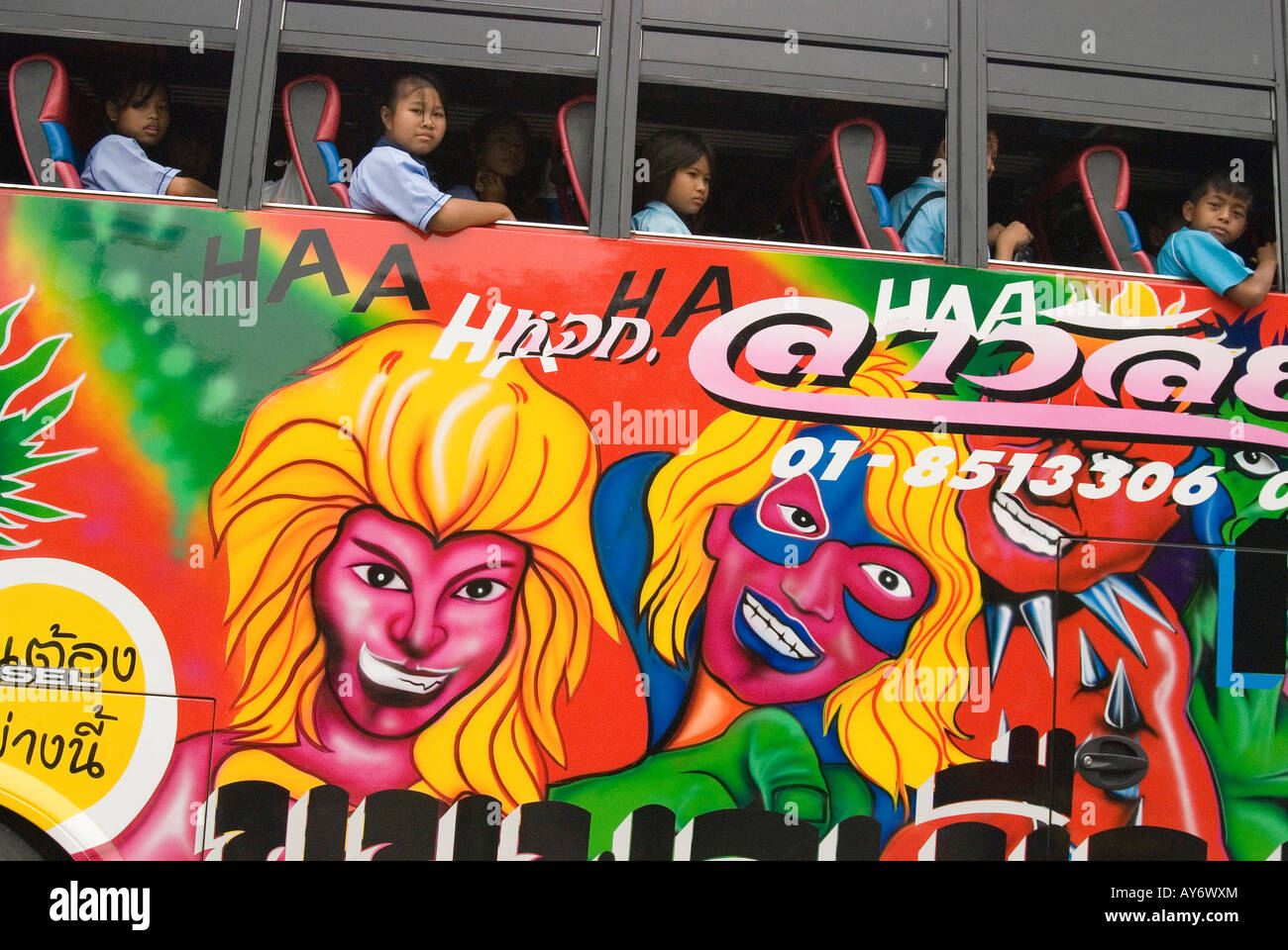School children on a bus decorated with art Stock Photo - Alamy