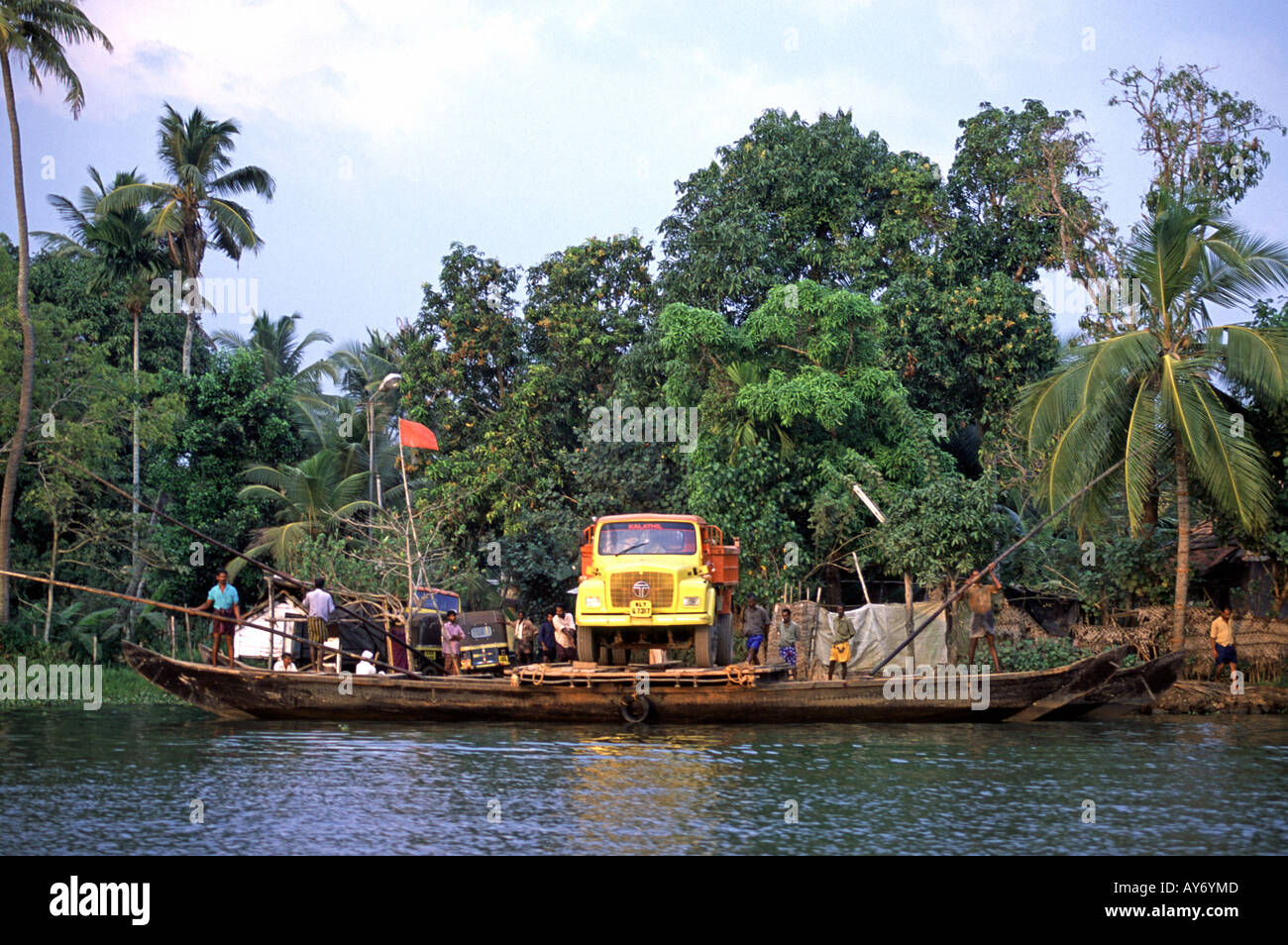 Lorry preparing to cross a river on barges in Kerala India Stock Photo ...