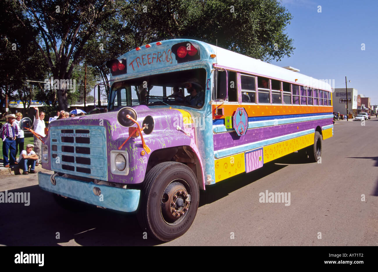 A colorful Hippie school-bus takes part in the parade, at the ZOZO ...