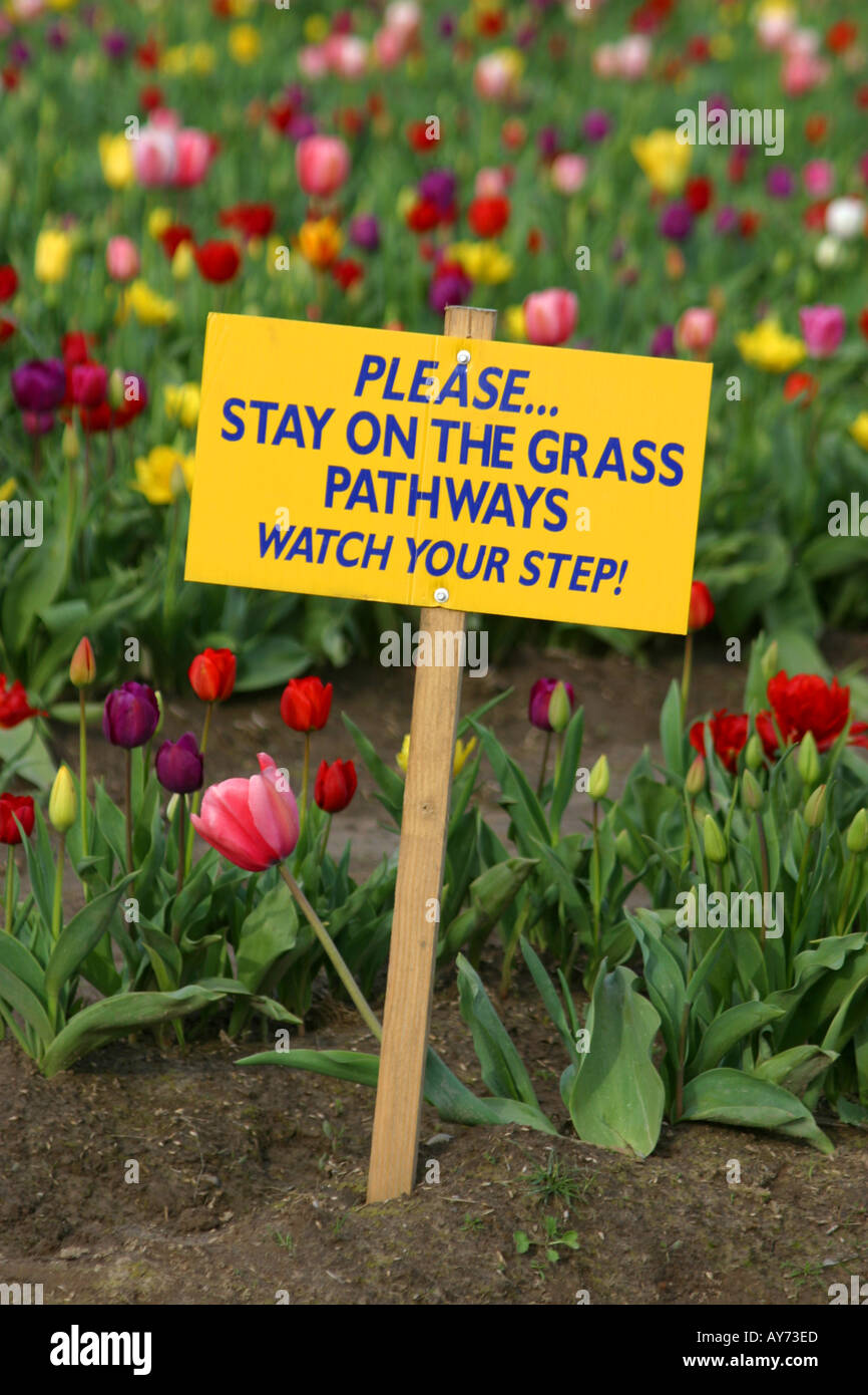 Warning sign to stay on pathways in the tulip fields at Wooden Shoe ...