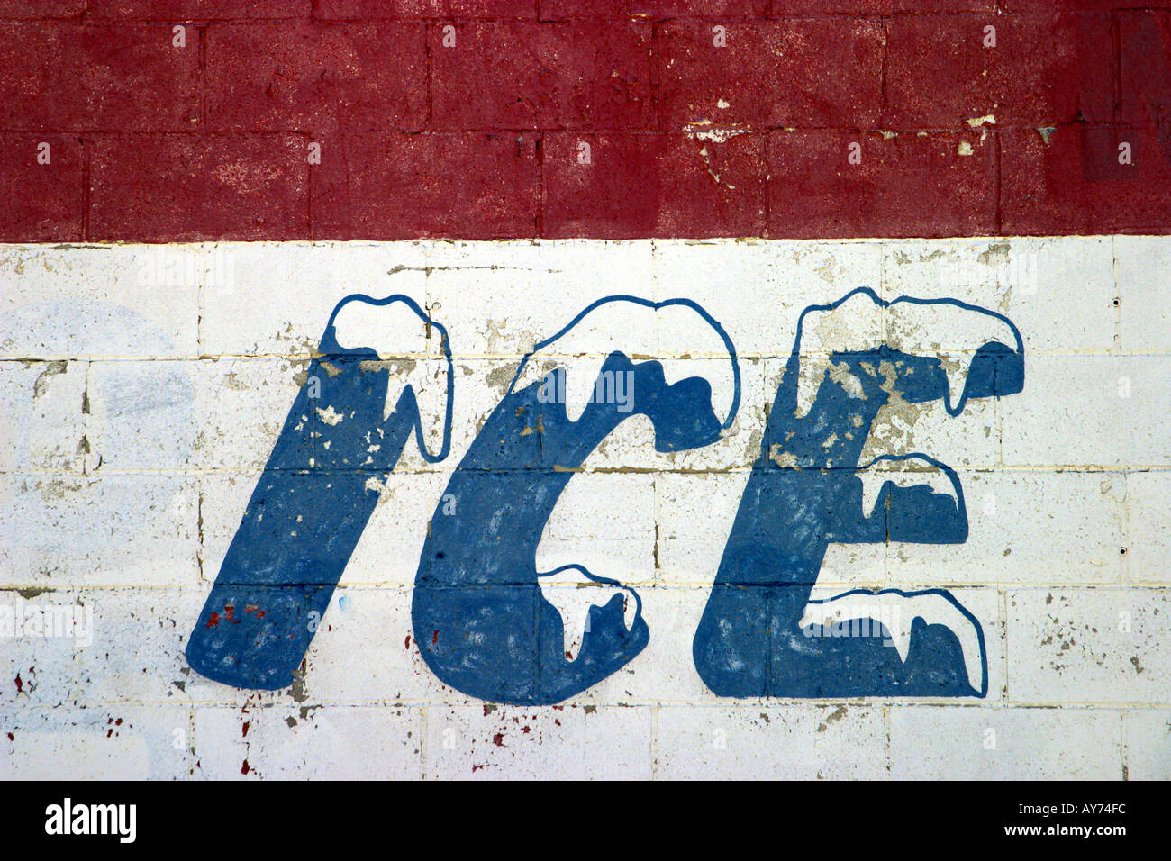 Ice sign on side of old building in Pearsonville California Stock Photo ...