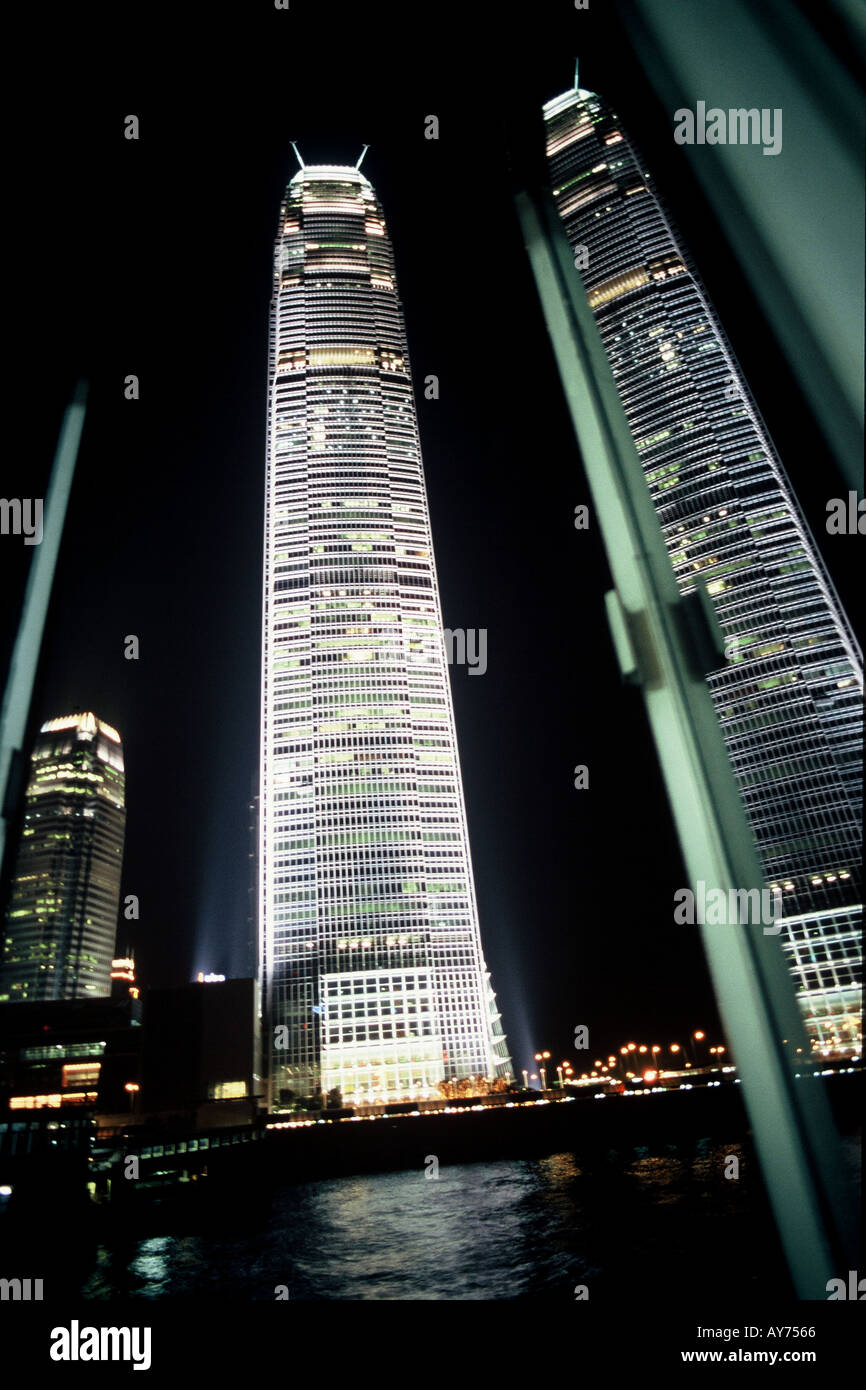 Tall magnificent skyscraper lit in the night International Finance ...