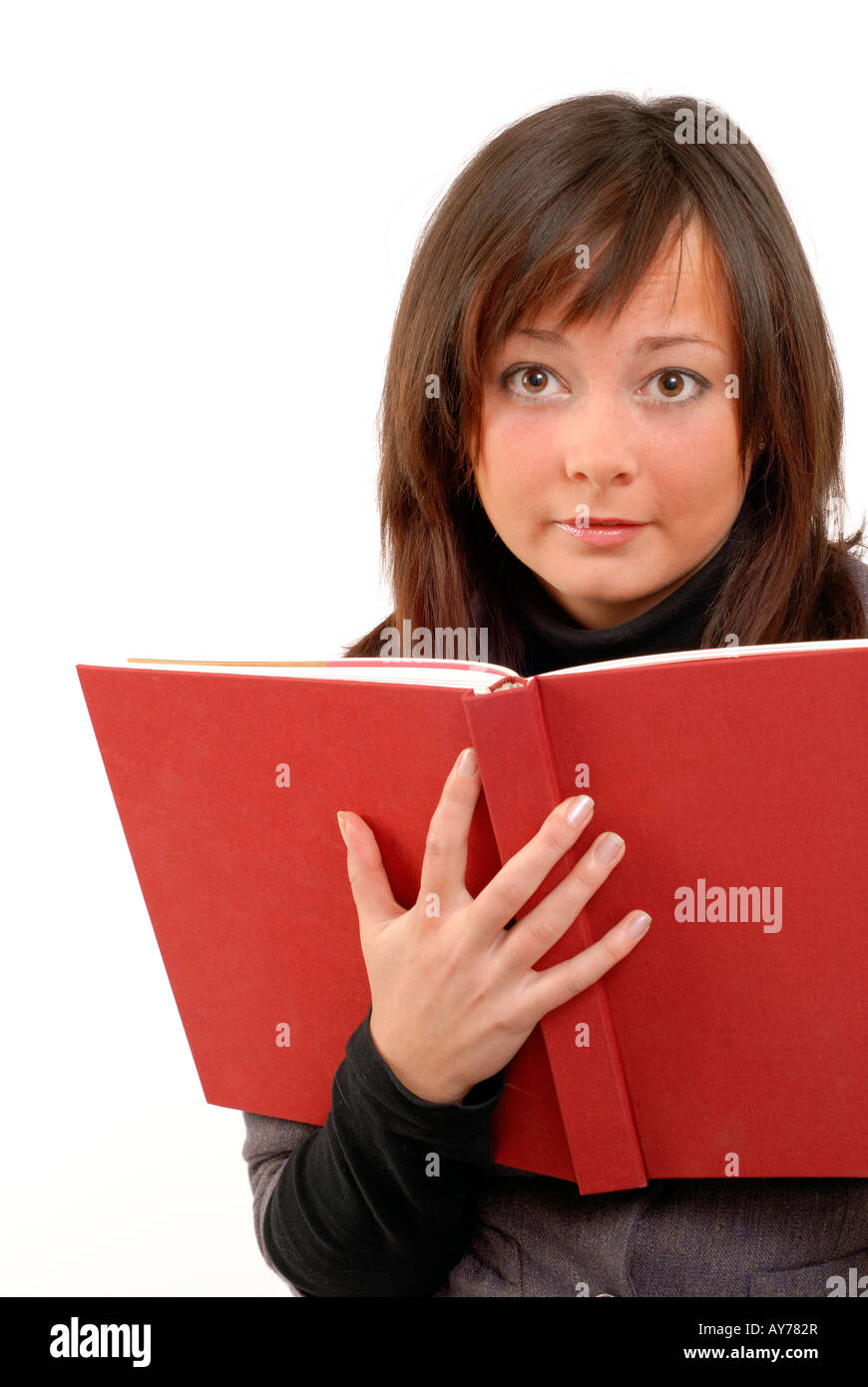 Woman with a red book Stock Photo - Alamy