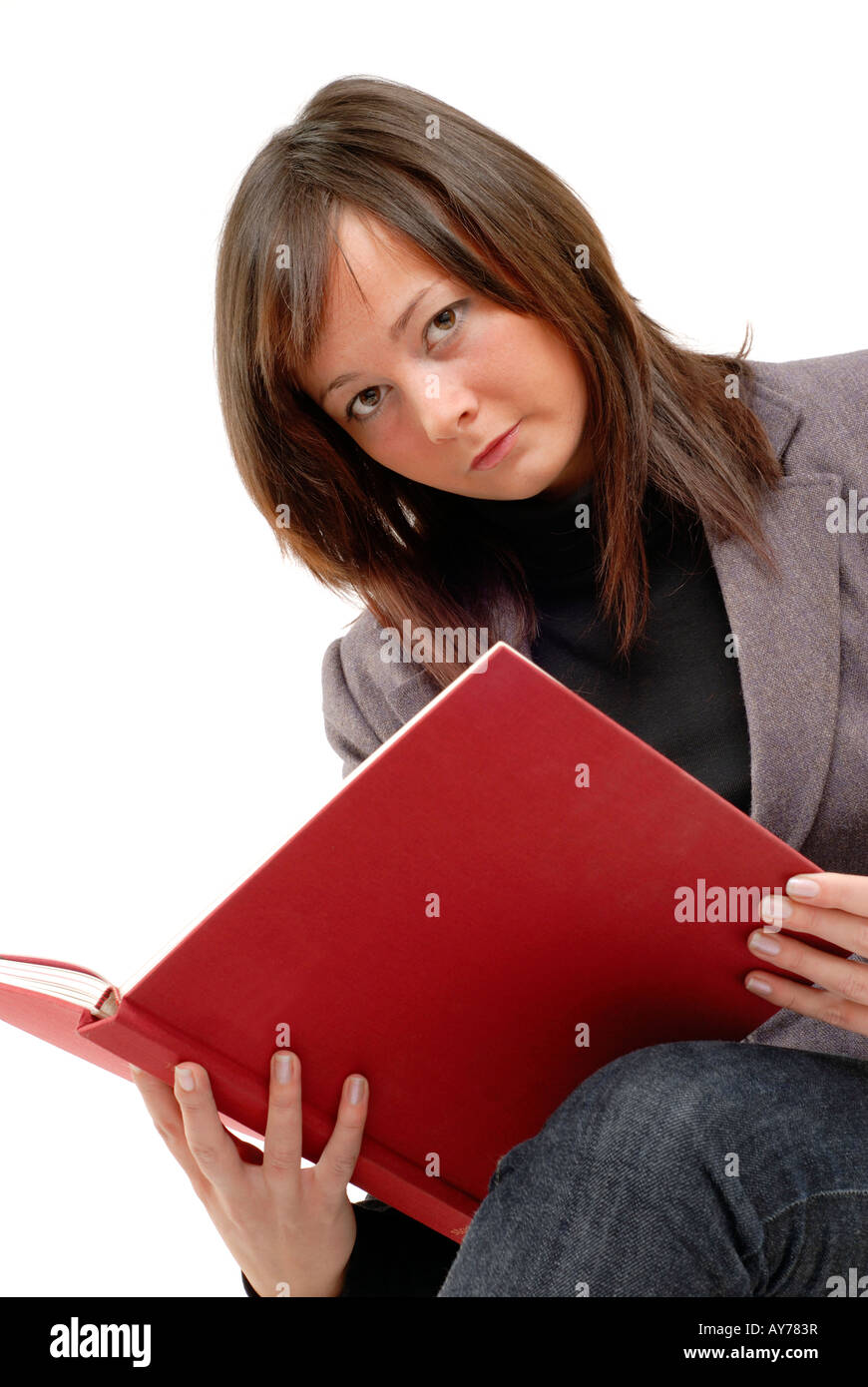 Woman with a red book Stock Photo - Alamy