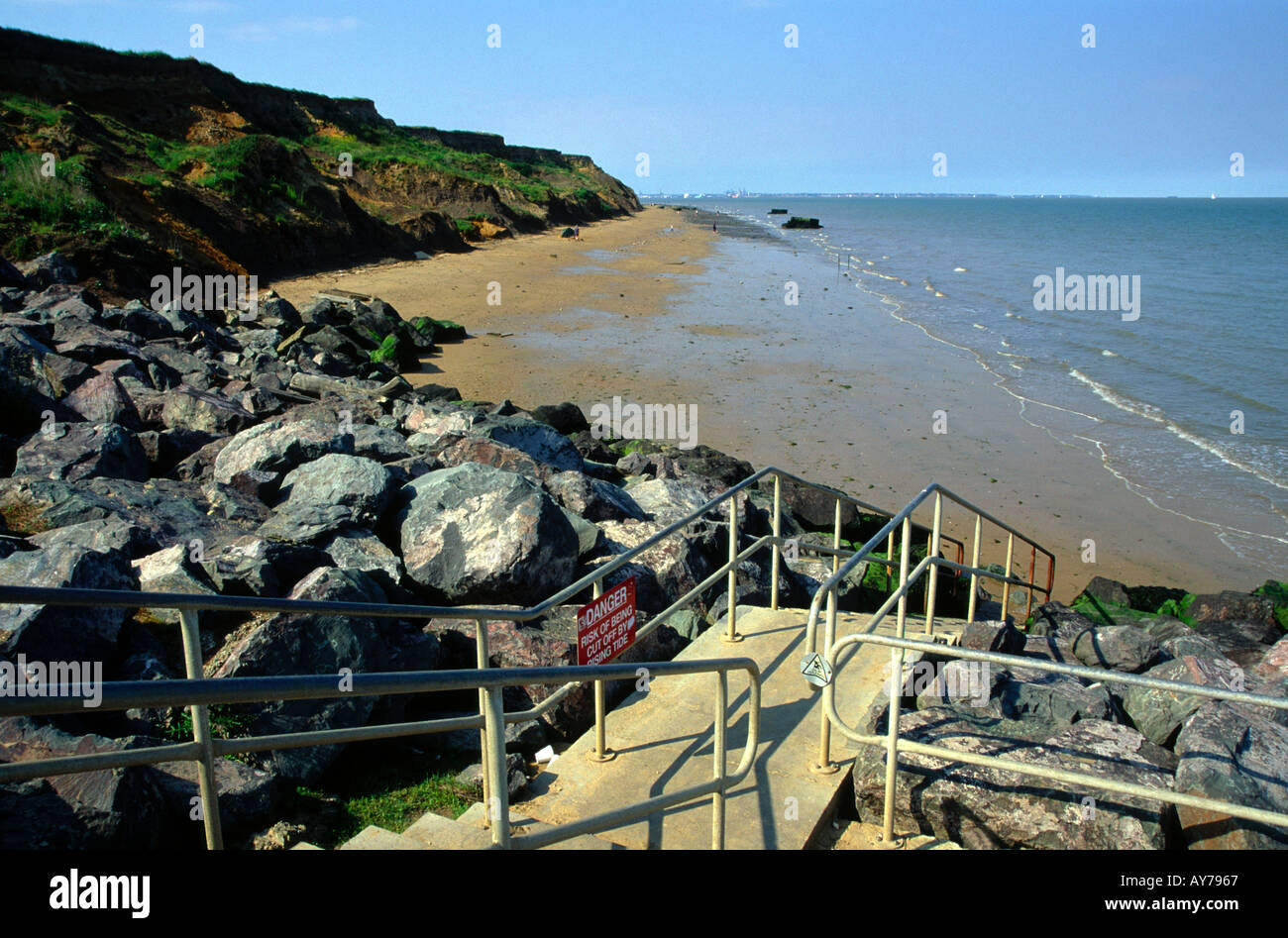 Rock armour and rapidly eroding cliffs Walton on the Naze Essex England ...