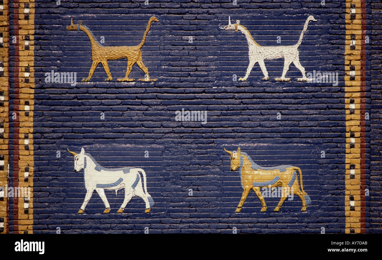 Detail showing animals on the replica of the Ishtar gate in Babylon ...