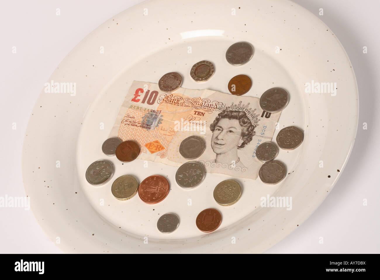 Dinner plate with coin cash money and banknote concept Stock Photo - Alamy