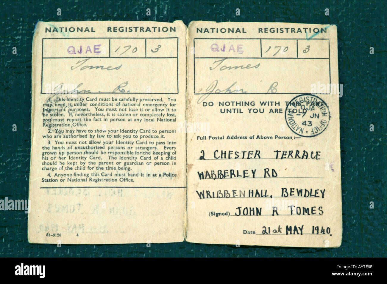 National Registration Book Identity Card 1940s Stock Photo - Alamy