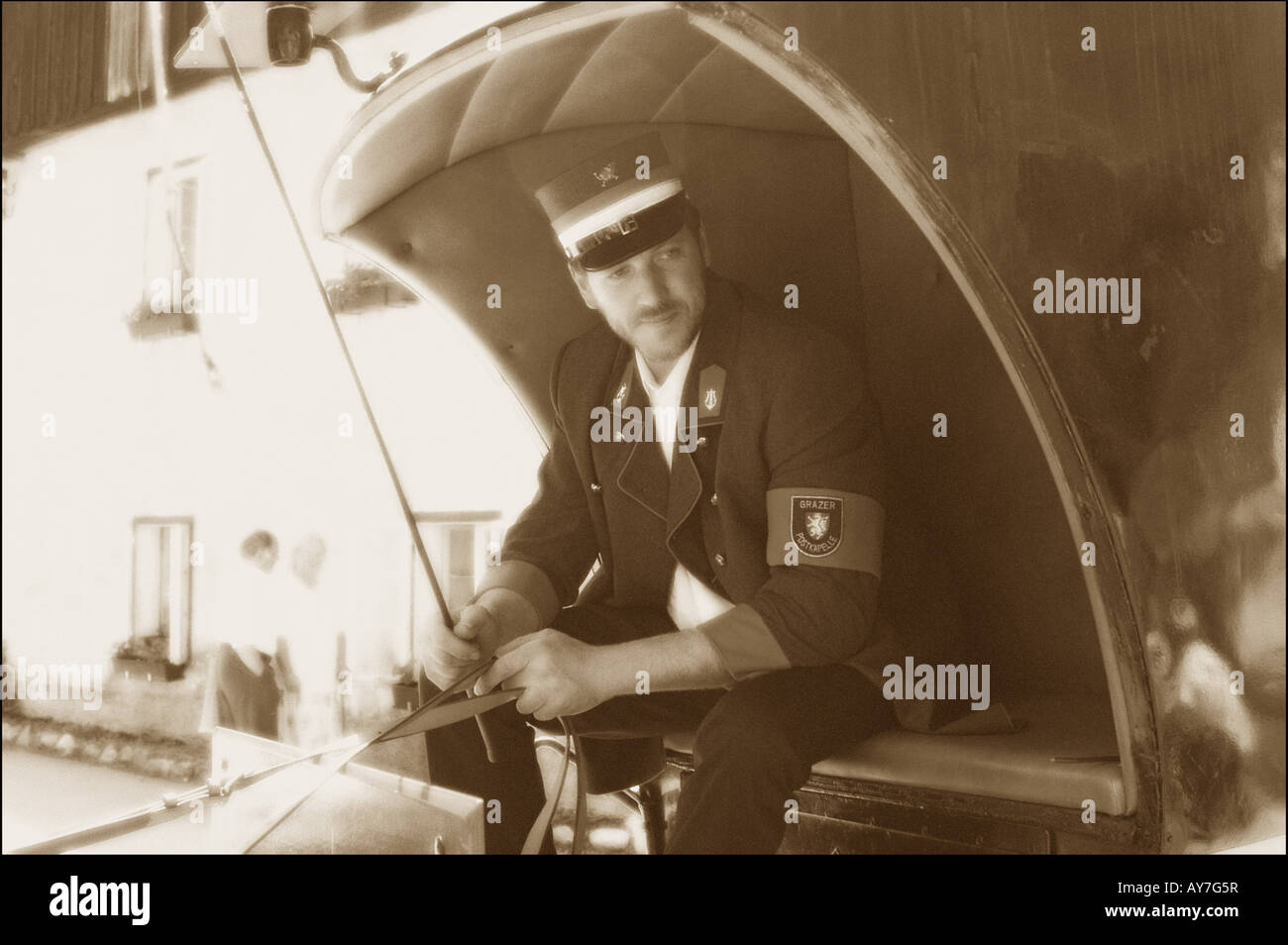 Old stagecoach with coachman in post office uniform Stock Photo - Alamy