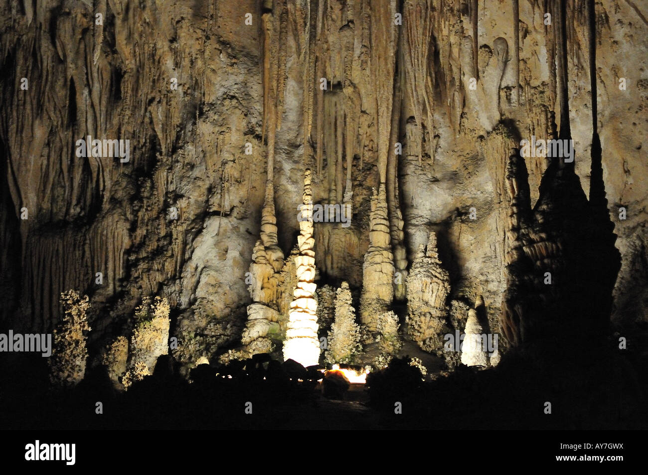 Stalagmites and stalactites in the Big Room of the Carlsbad Caverns ...