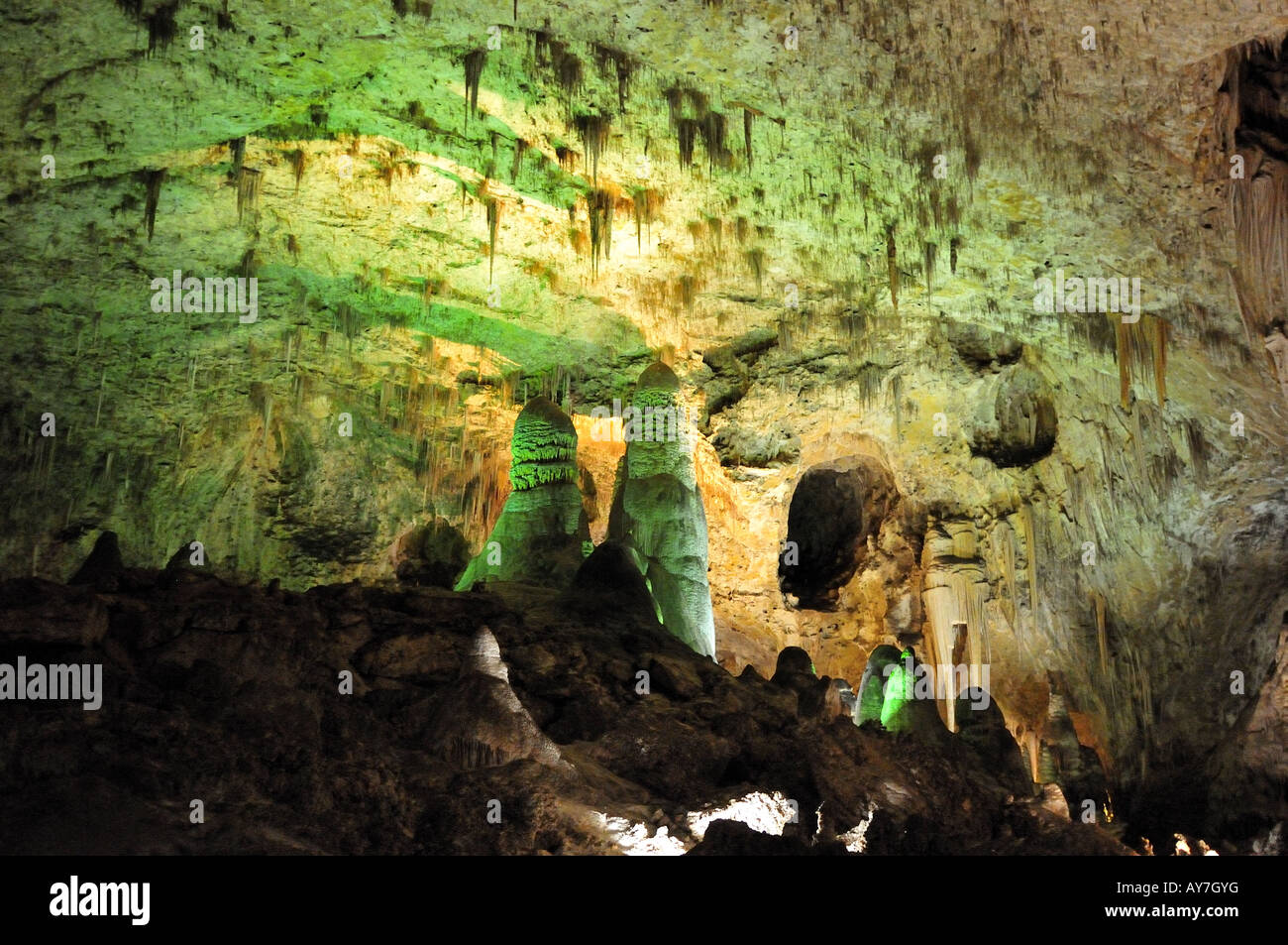 Stalagmites and stalactites in the Big Room of the Carlsbad Caverns ...