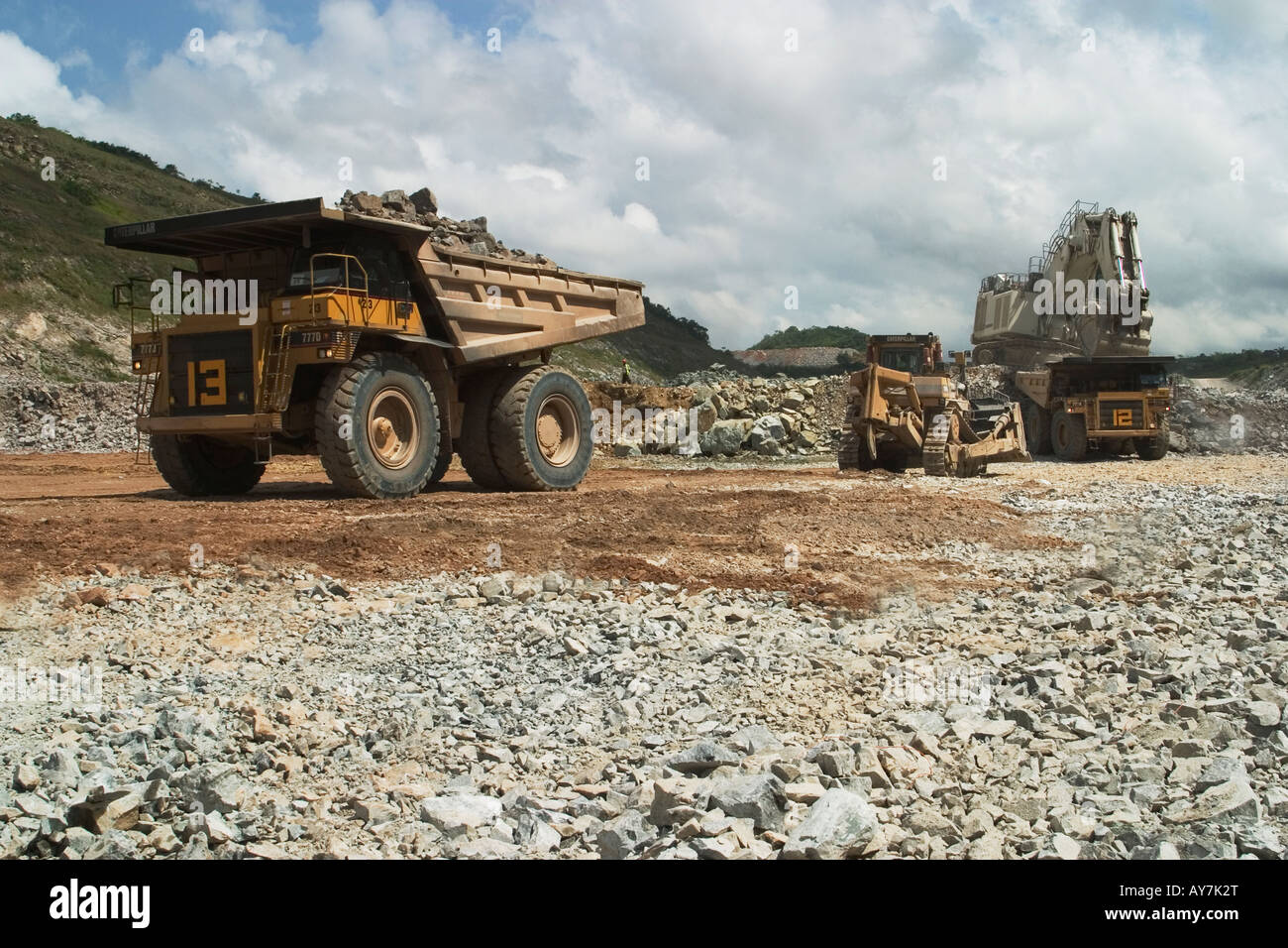 Dumper trucks being filled with gold ore body for transport from ...