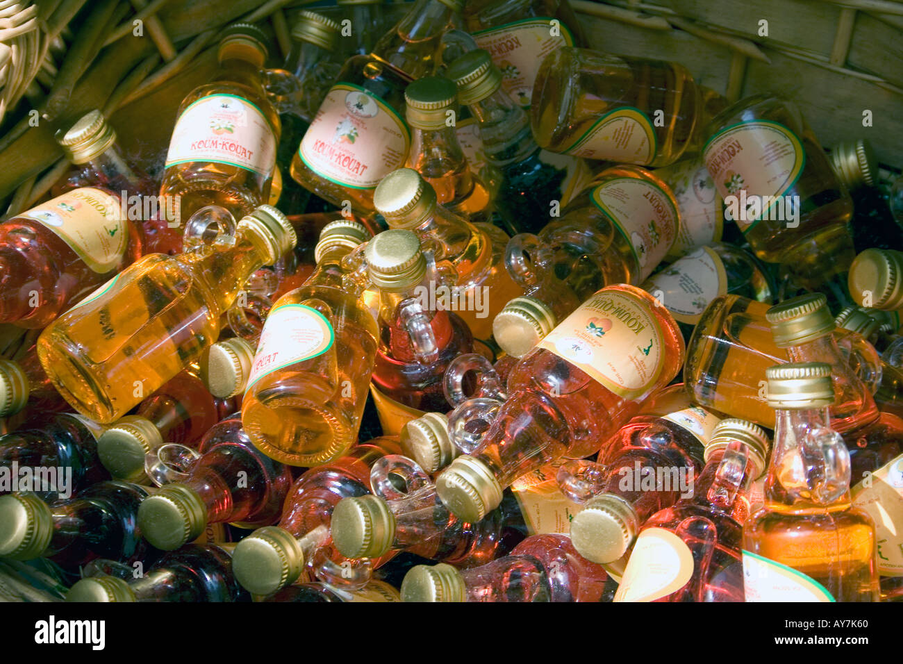 Miniature bottles of Koum Kouat in baskets Stock Photo - Alamy