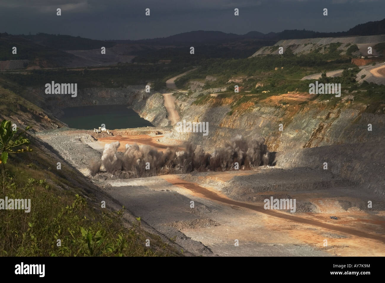 Blasting Gold Ore Bearing Rock In An Opencast Surface Mine Just Before