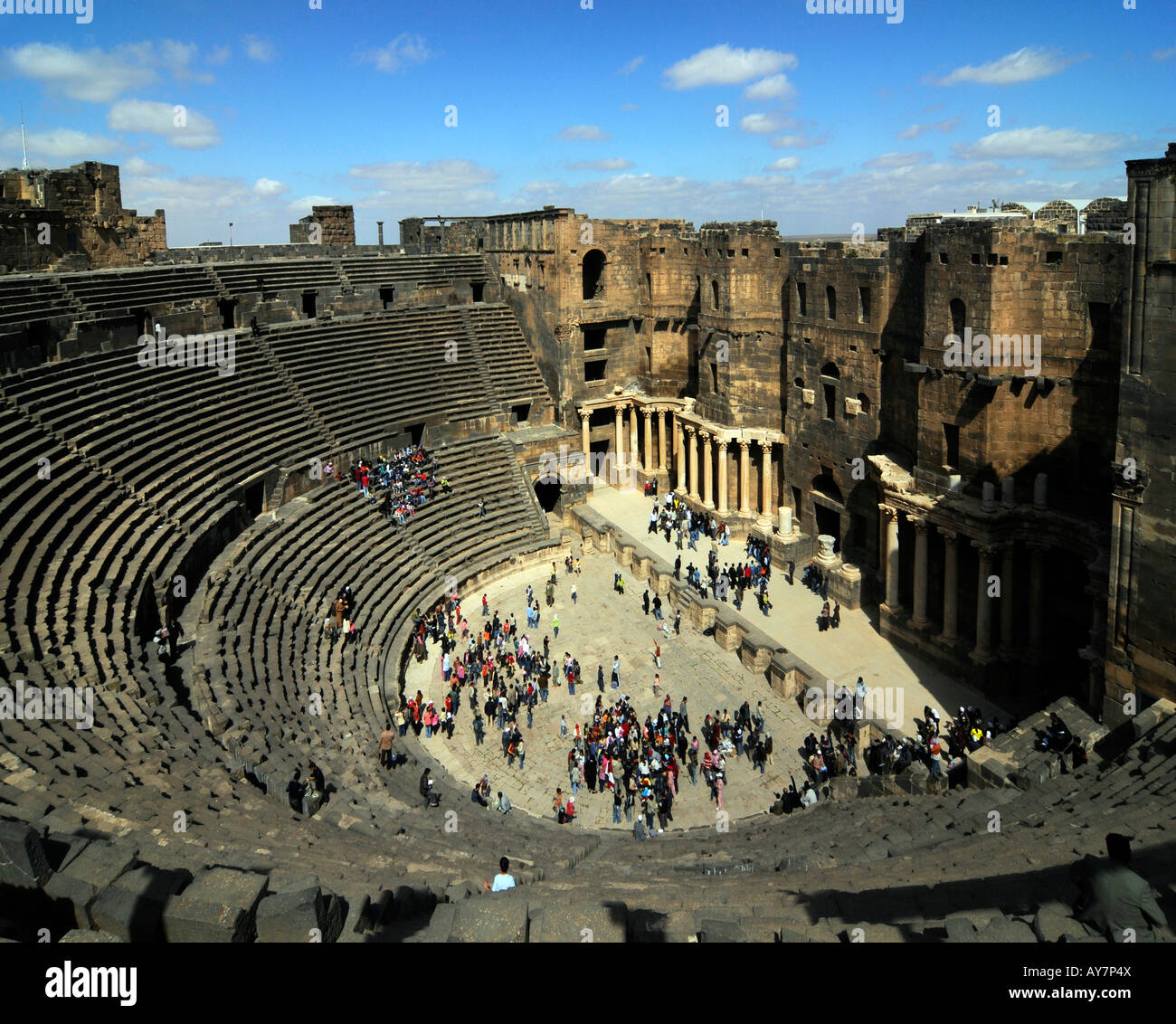 General overview of the Roman amphitheatre in Bosra, Syria Stock Photo ...