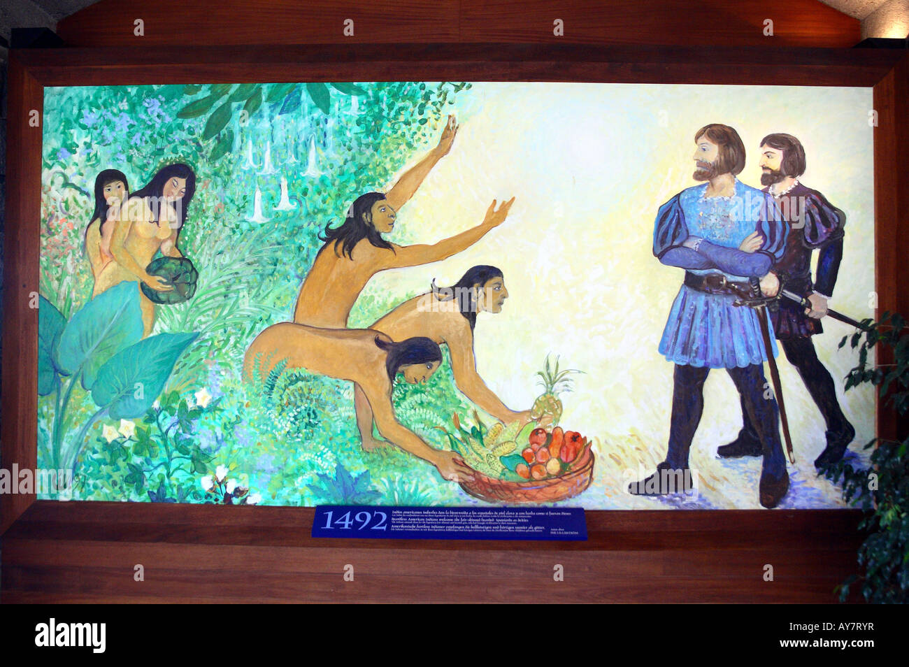 A picture showing Columbus arriving in America at the pyramid complex ...