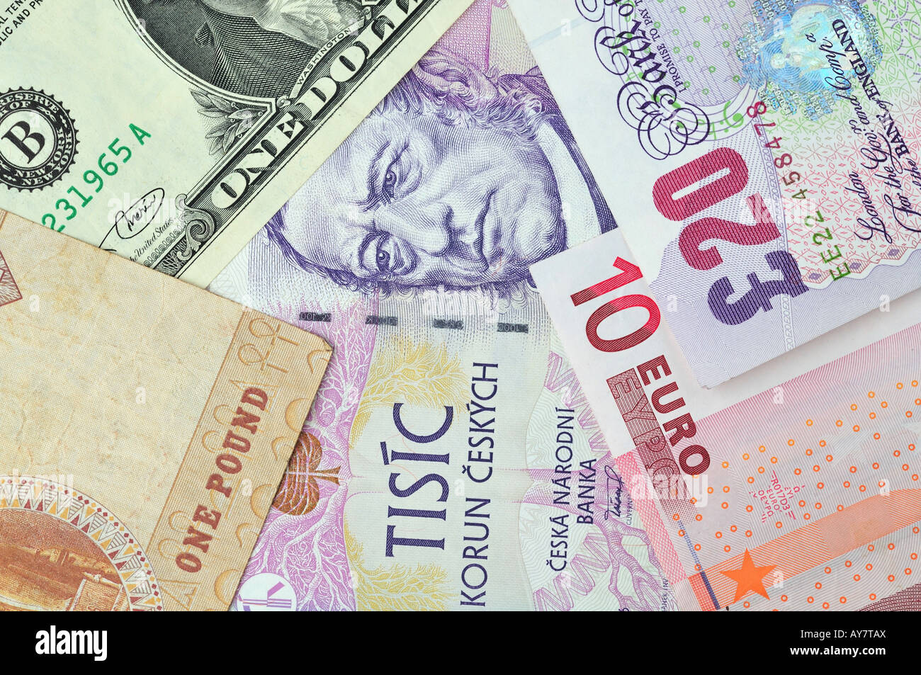 Mix of currency notes - US Dollar, European Euro British Pounds ...