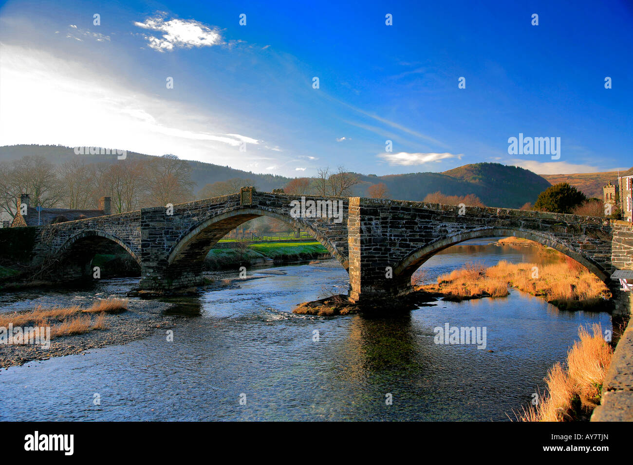Bridge over the Afon Conwy river Llanwrst village Gwynedd North Wales ...