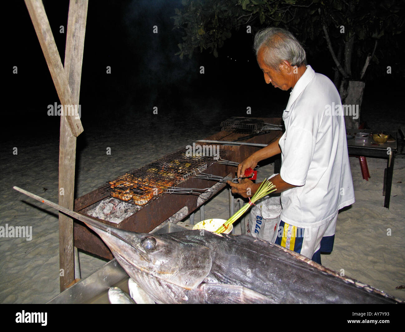Marlin in fish display at seafood beach barbecue Varin Resort Pattaya ...