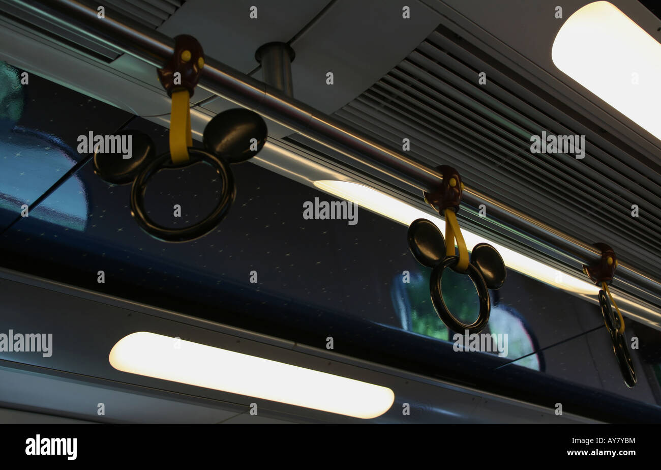 Interior of Disney MTR subway train with mickey mouse head shaped hand ...