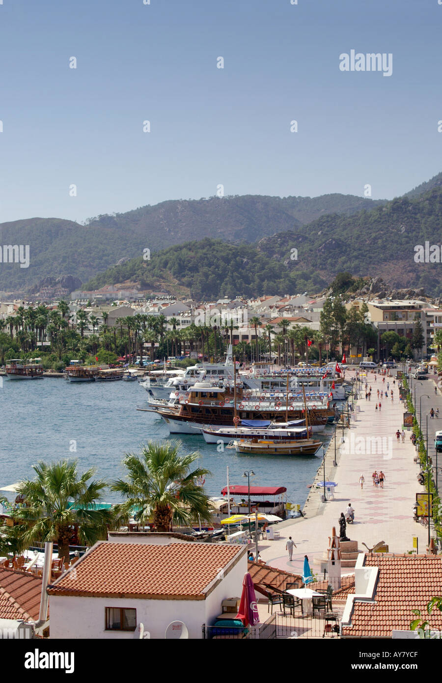Aerial view of harbor and seafront promenade from Marmaris Castle ...