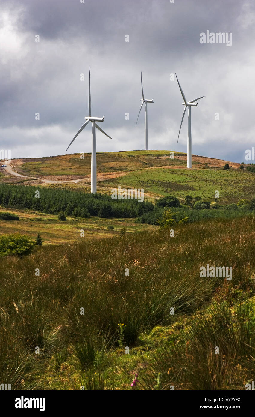 Wind power turbines on windfarm producing electricity for part of ...