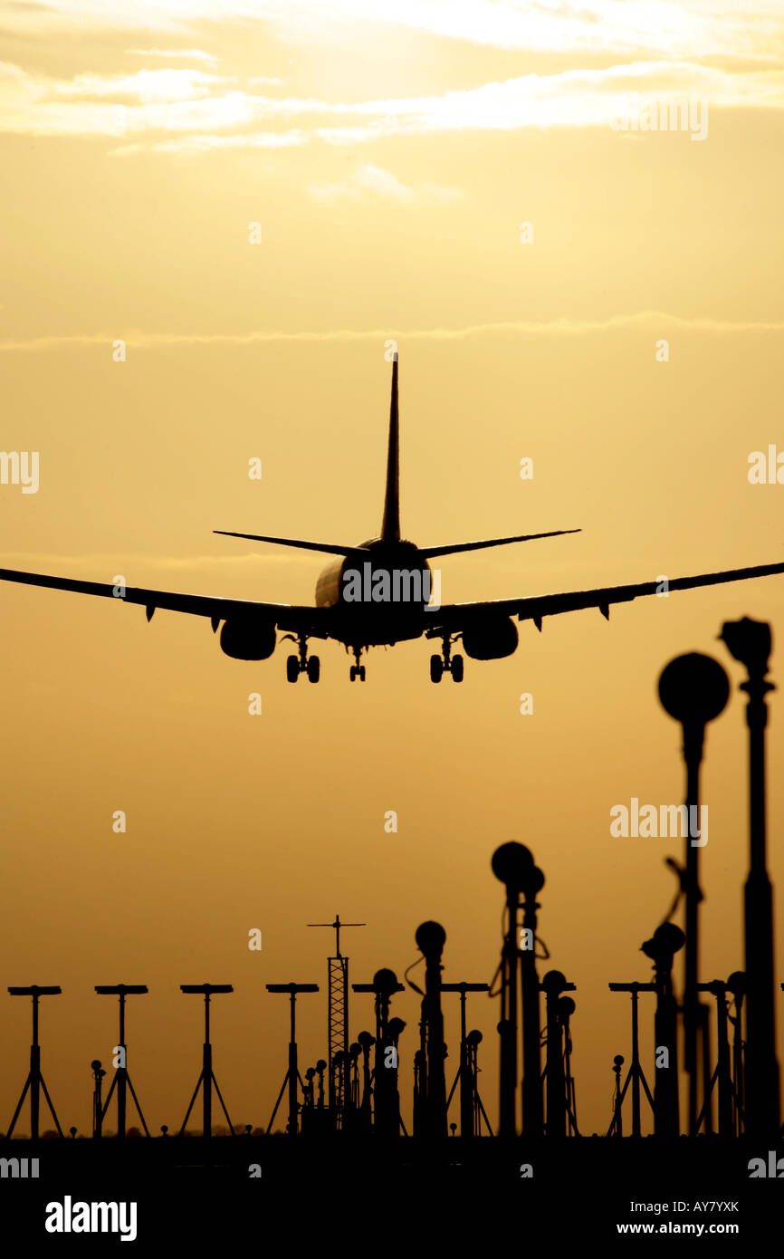 Boeing 737 aircraft landing at sunset Stock Photo - Alamy