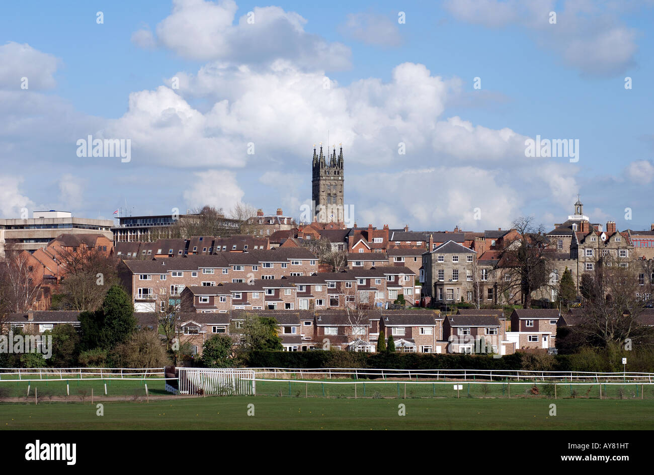 Warwick town centre from the racecourse, Warwickshire, England, UK ...