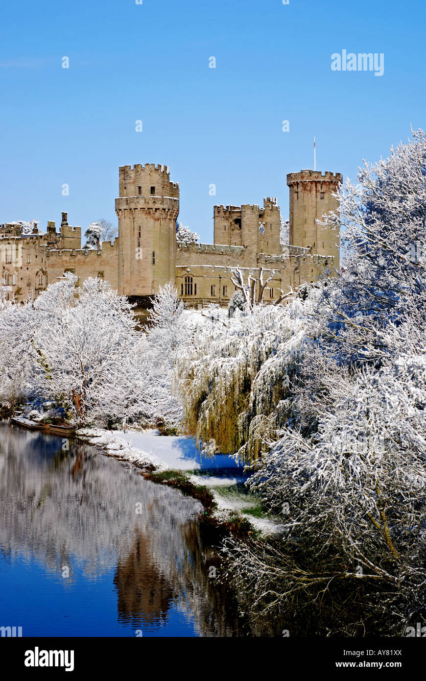 Warwick Castle and River Avon with snow, Warwickshire, England, UK ...