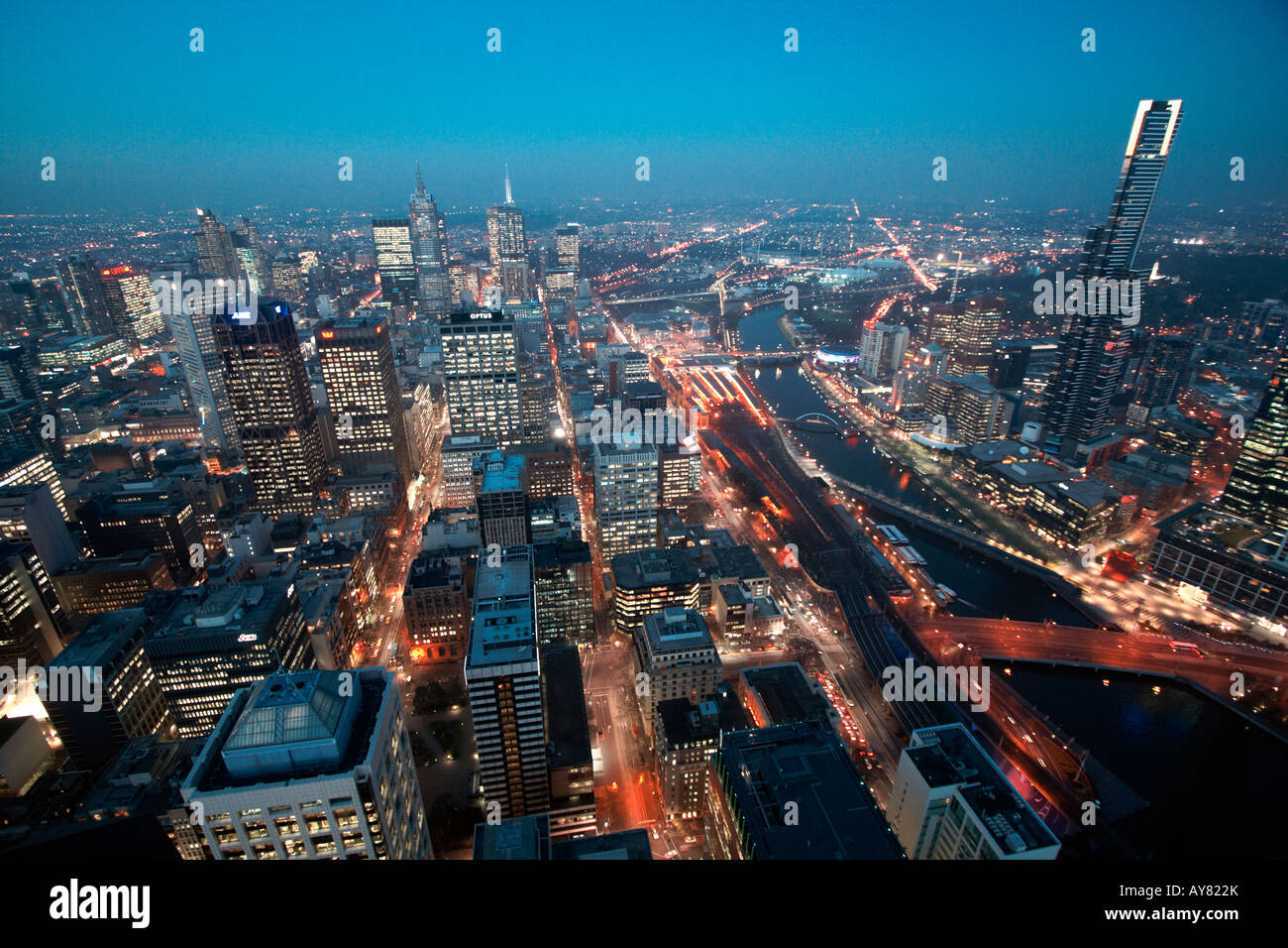 aerial view of melbourne lights at twilight, victoria state, australia ...