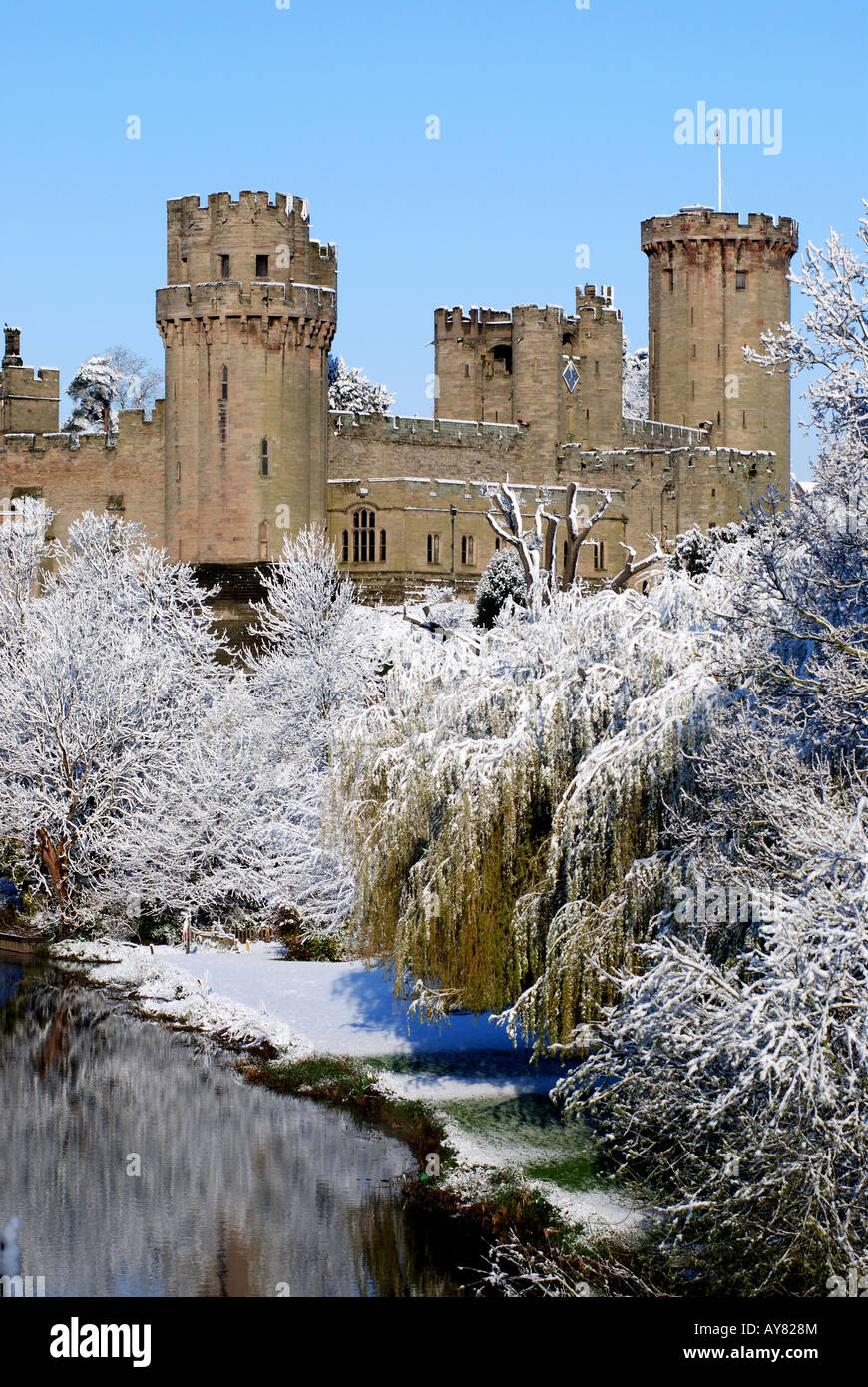 Warwick Castle and River Avon with snow, Warwickshire, England, UK ...