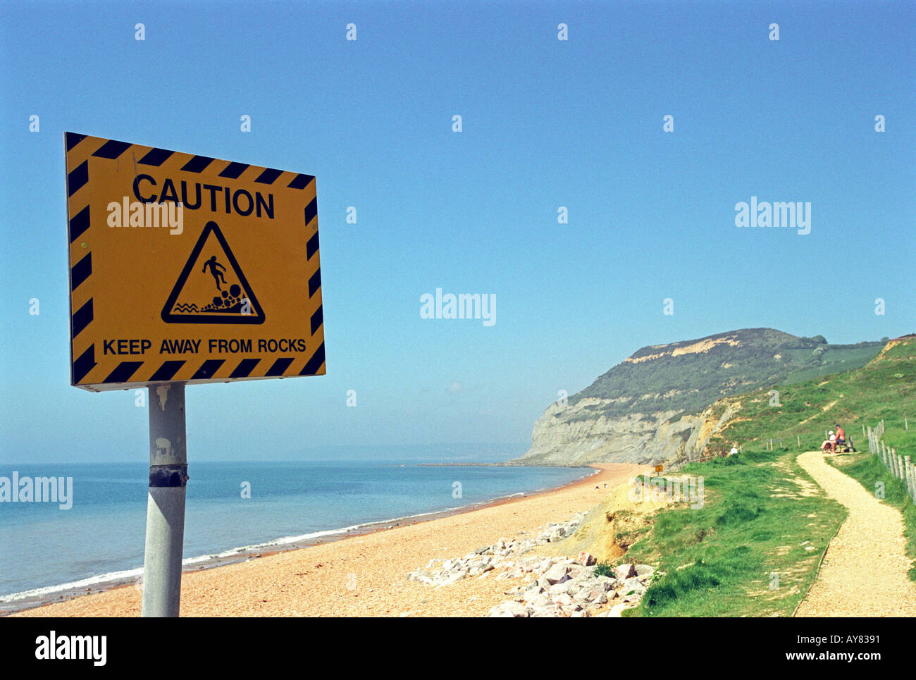 Warning sign at Seatown Beach in Dorset Britain UK Stock Photo - Alamy