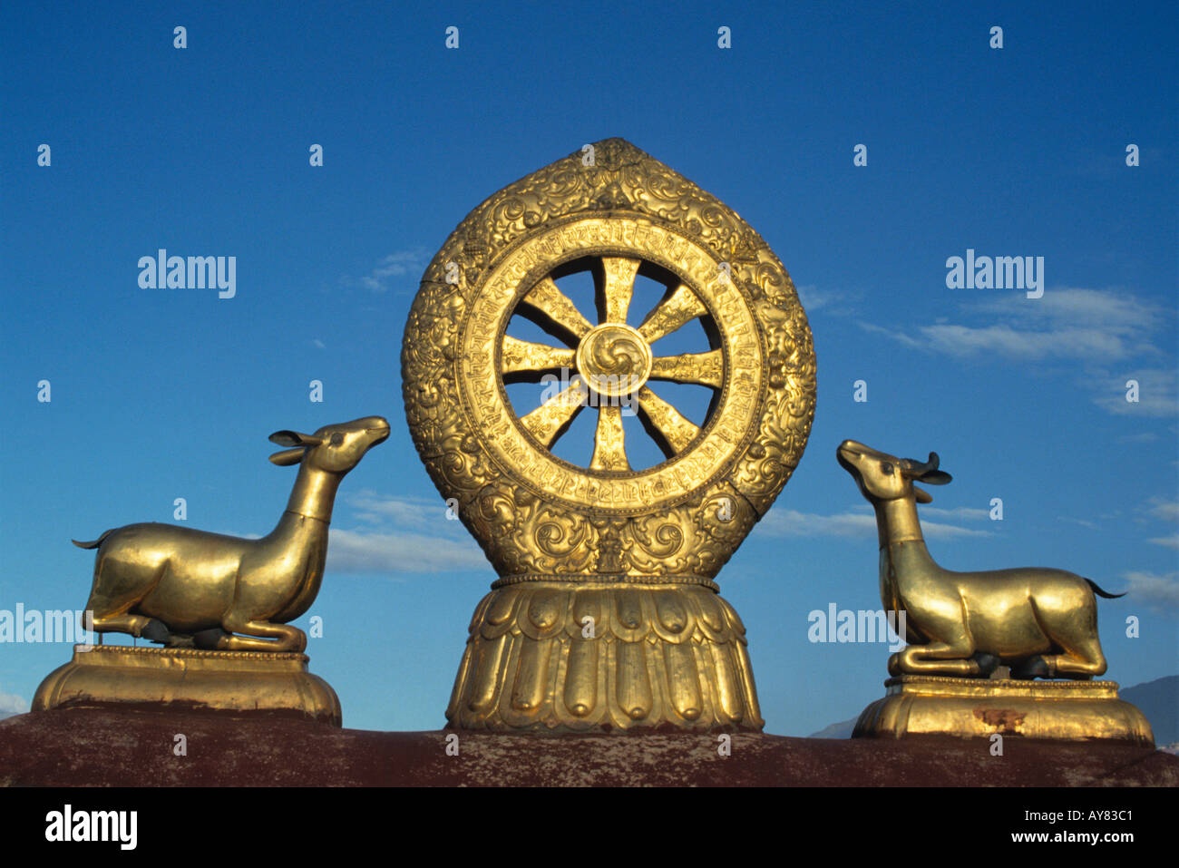 Golden symbols on the parapet of the sacred Jokhang temple in Lhasa ...