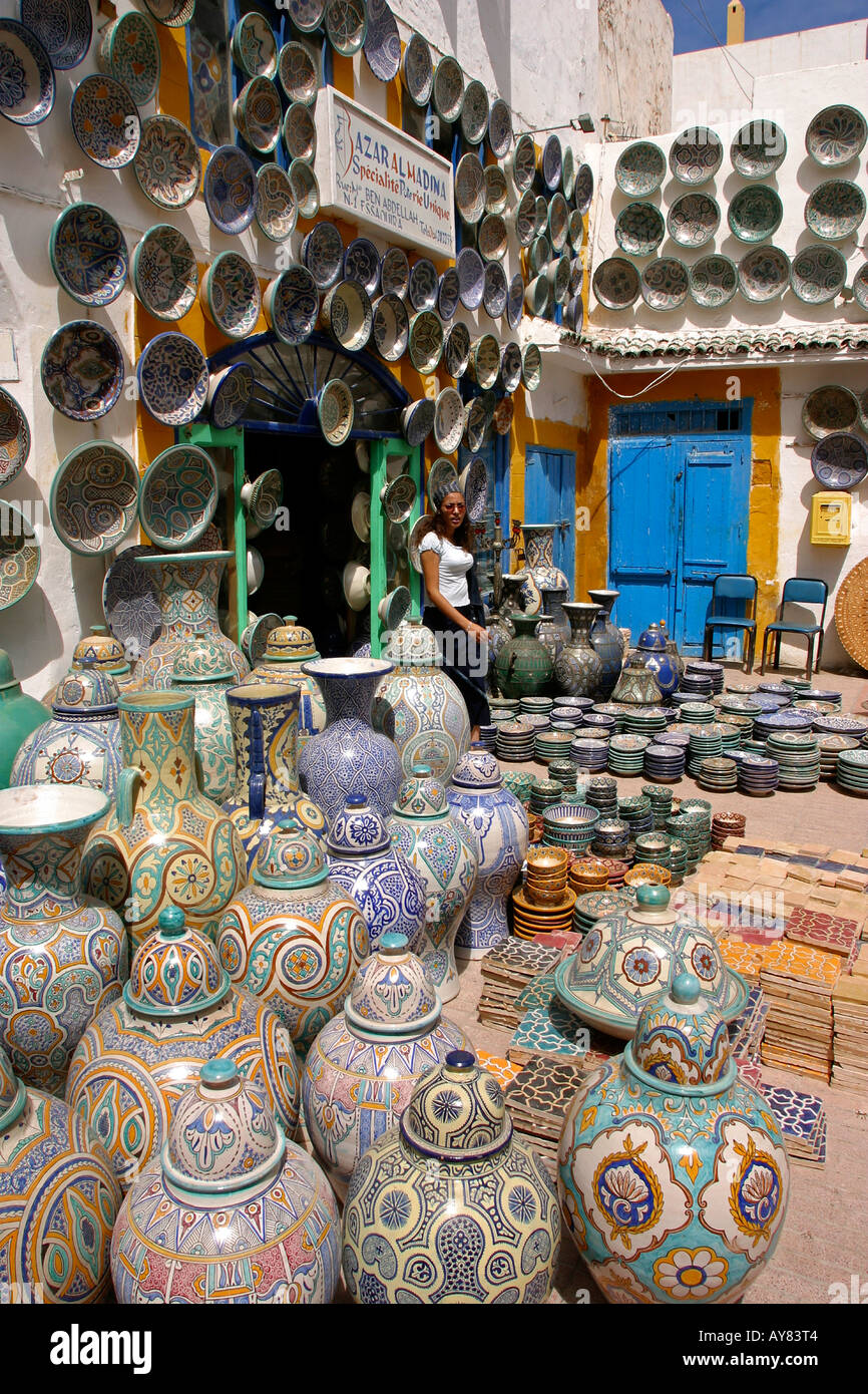 Morocco Essaouira pottery stall Stock Photo - Alamy