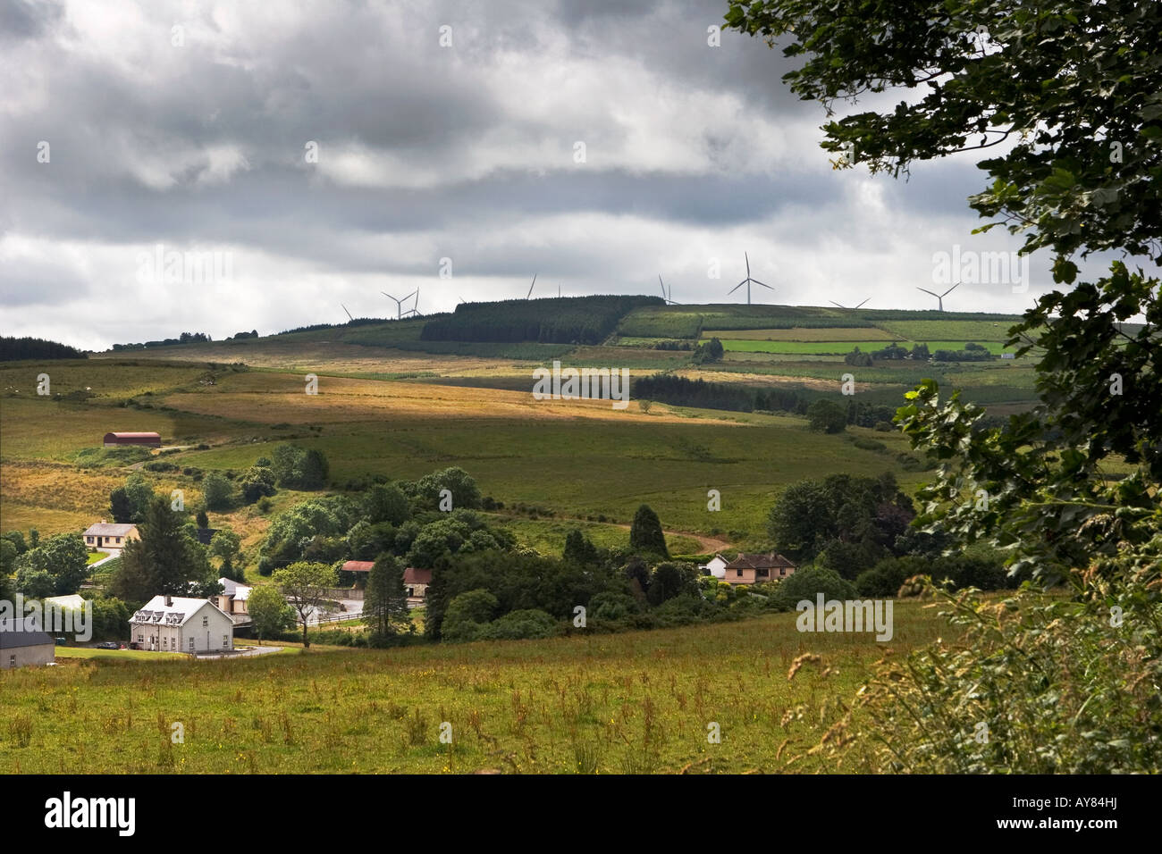 Distant view of wind power turbines on windfarm producing electricity ...